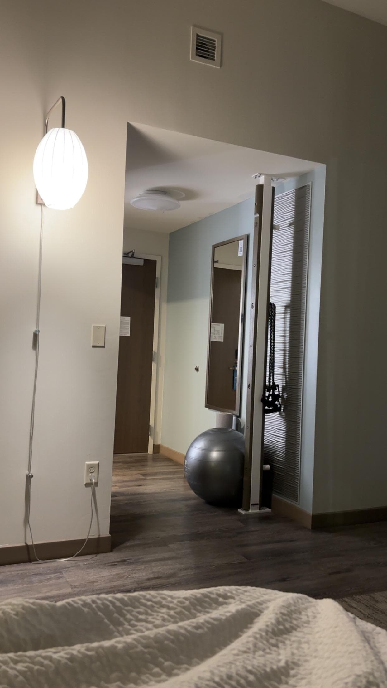 This is the first hotel room I have been where they had a little workout spot in the room! Very spacious rooms as well 