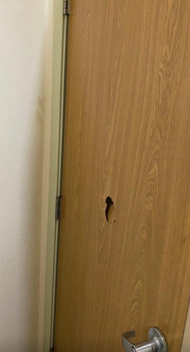 Hole in bathroom door.