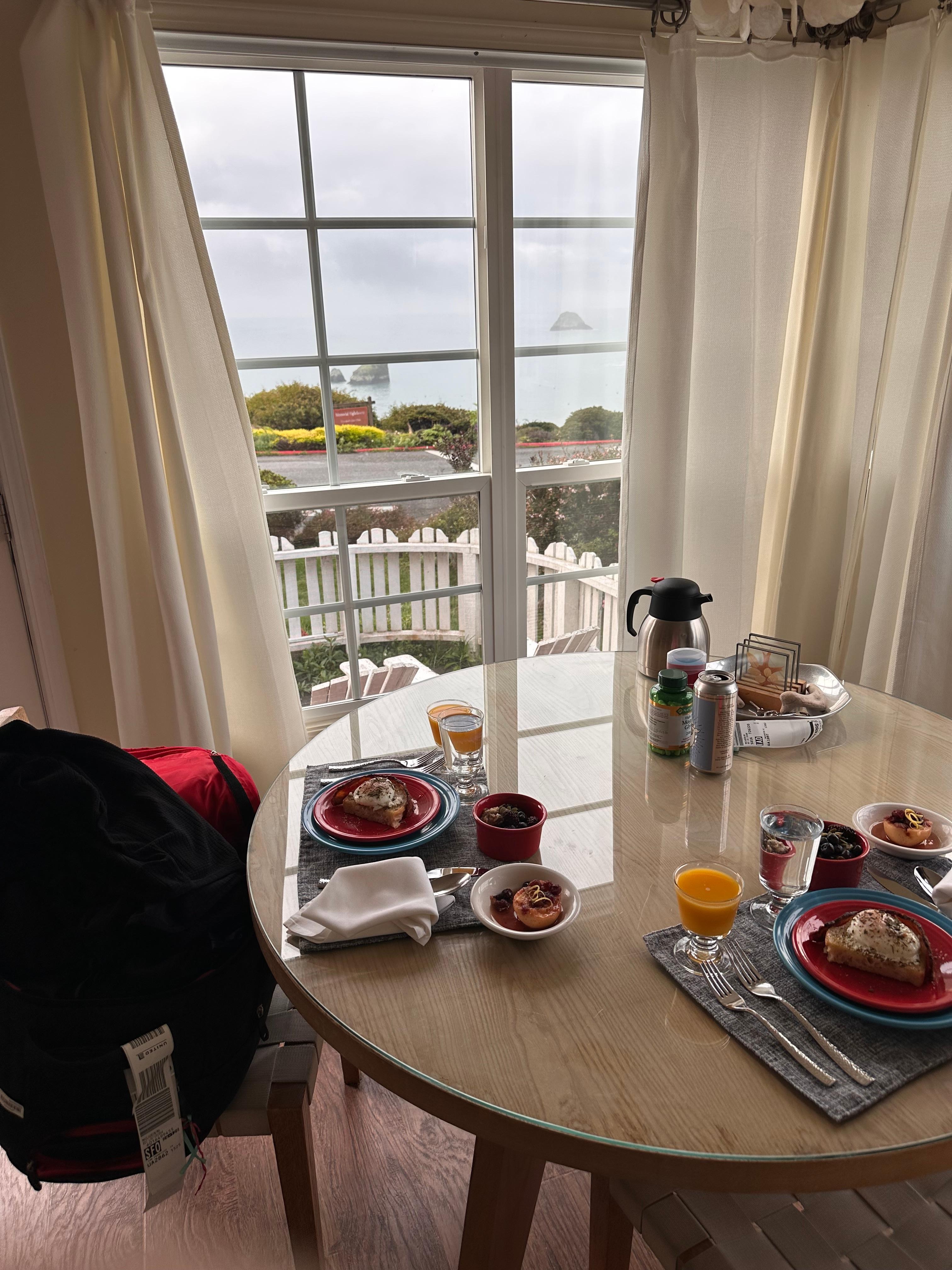 Breakfast delivered to the room with a cheerful good morning 