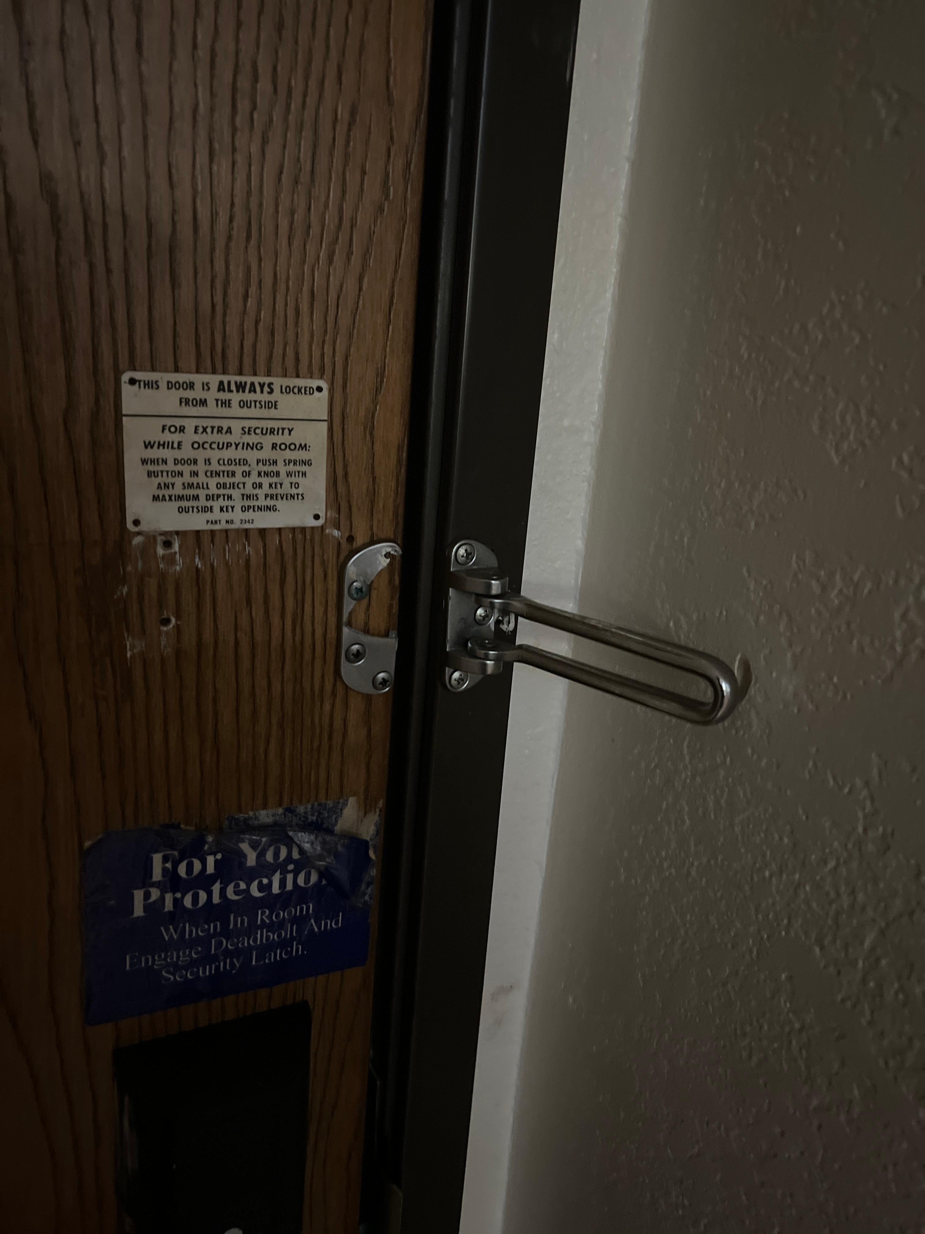 Placed in a room with latch missing and take it a step further, a staff member, front desk no less, entered the room without permission while I was not dressed. Absolutely unacceptable 