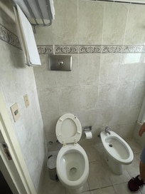 Assento da vaso sanitário faltando partes.
Válvula de descarga antiga e extremante barulhenta