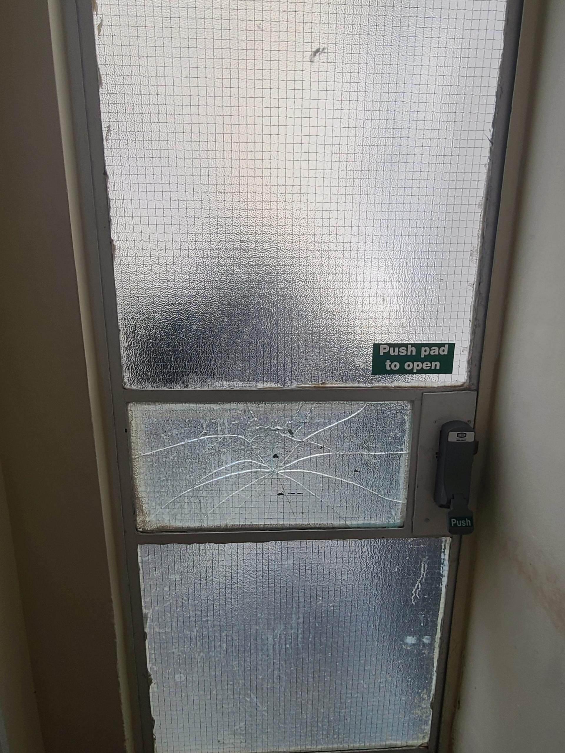 Broken security door on 1st level.