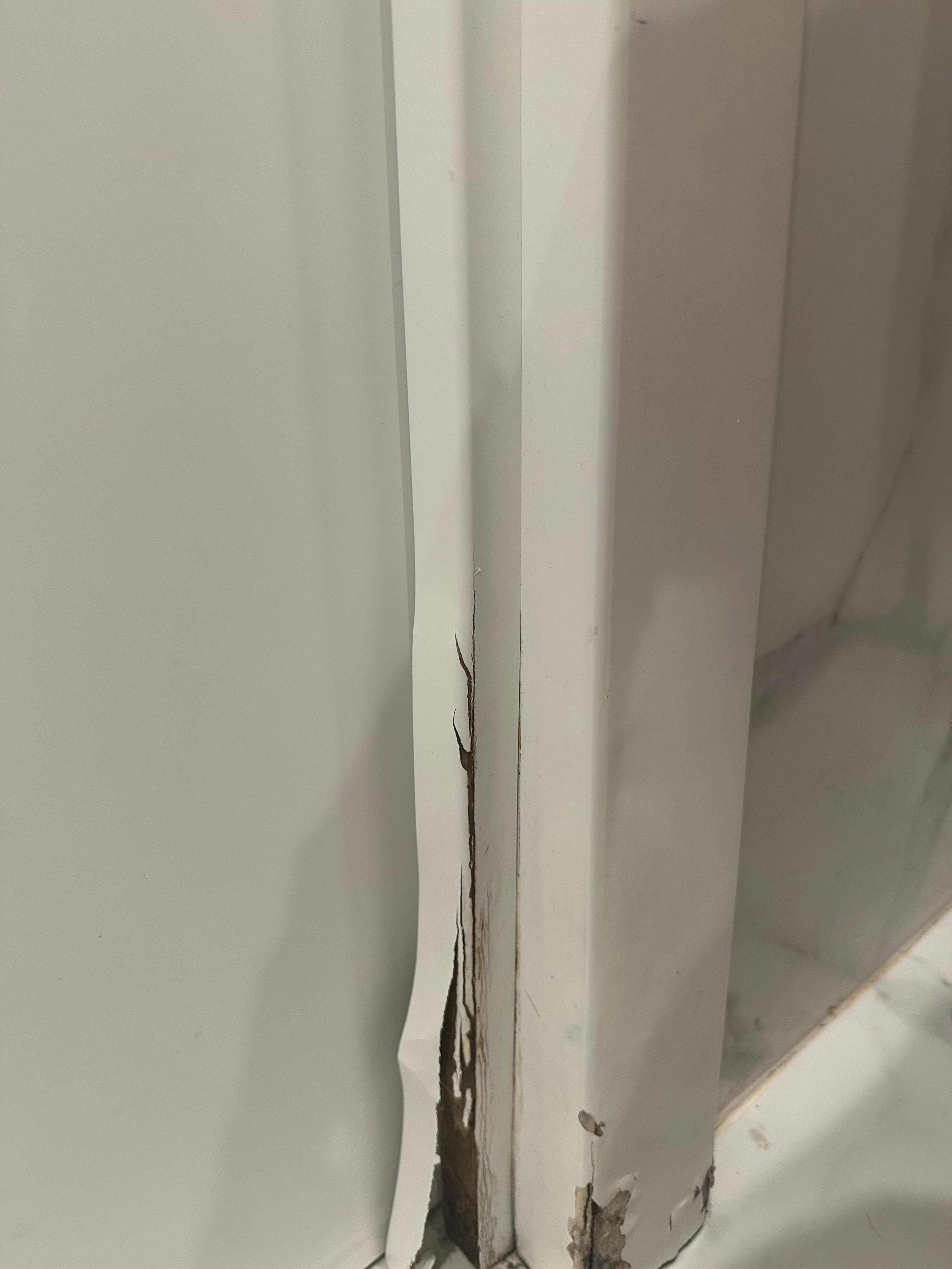 bathroom door frame needs repair - moldy smell
 
