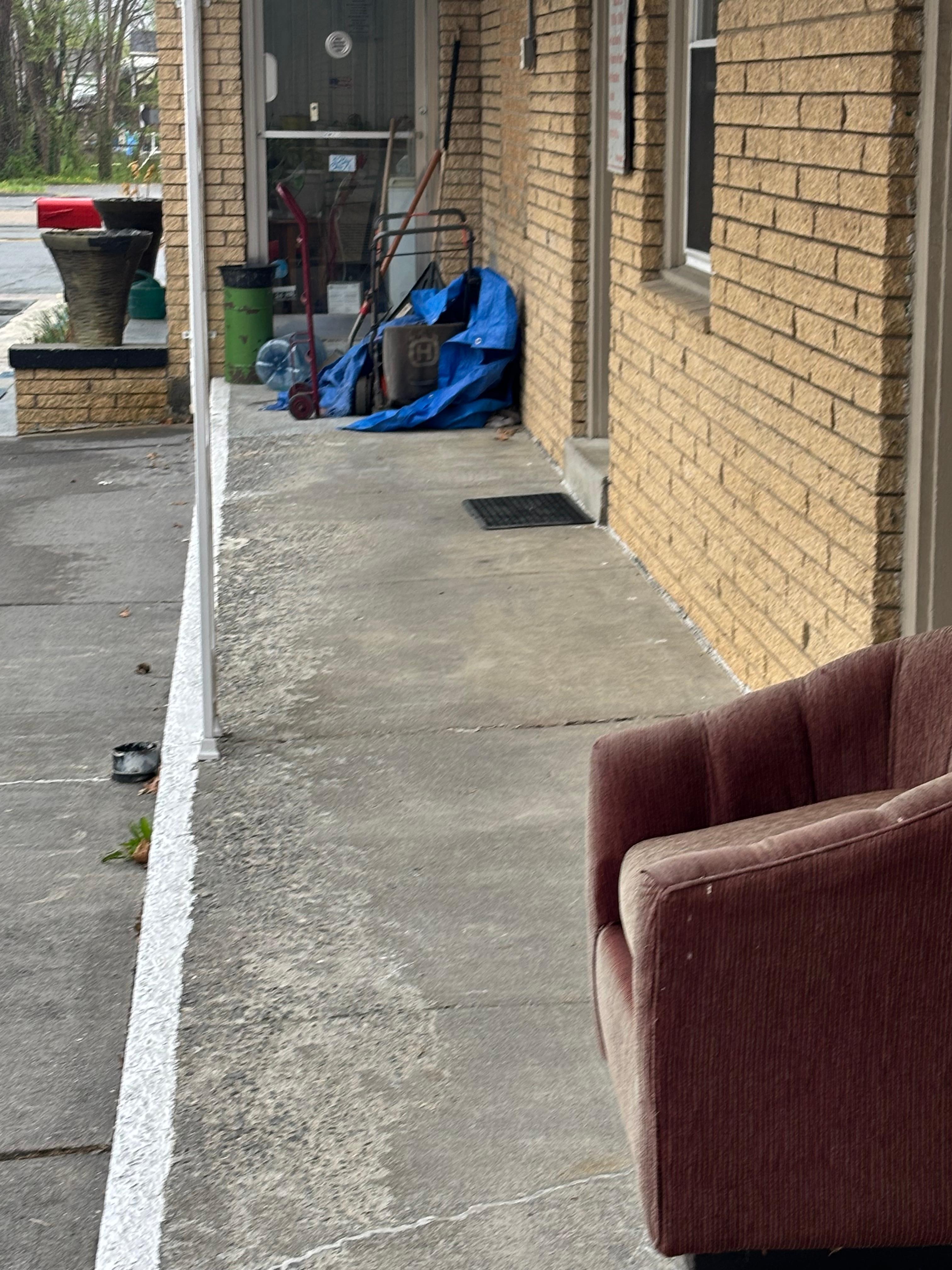 Lawn mower and stuff when we walk out of our room.