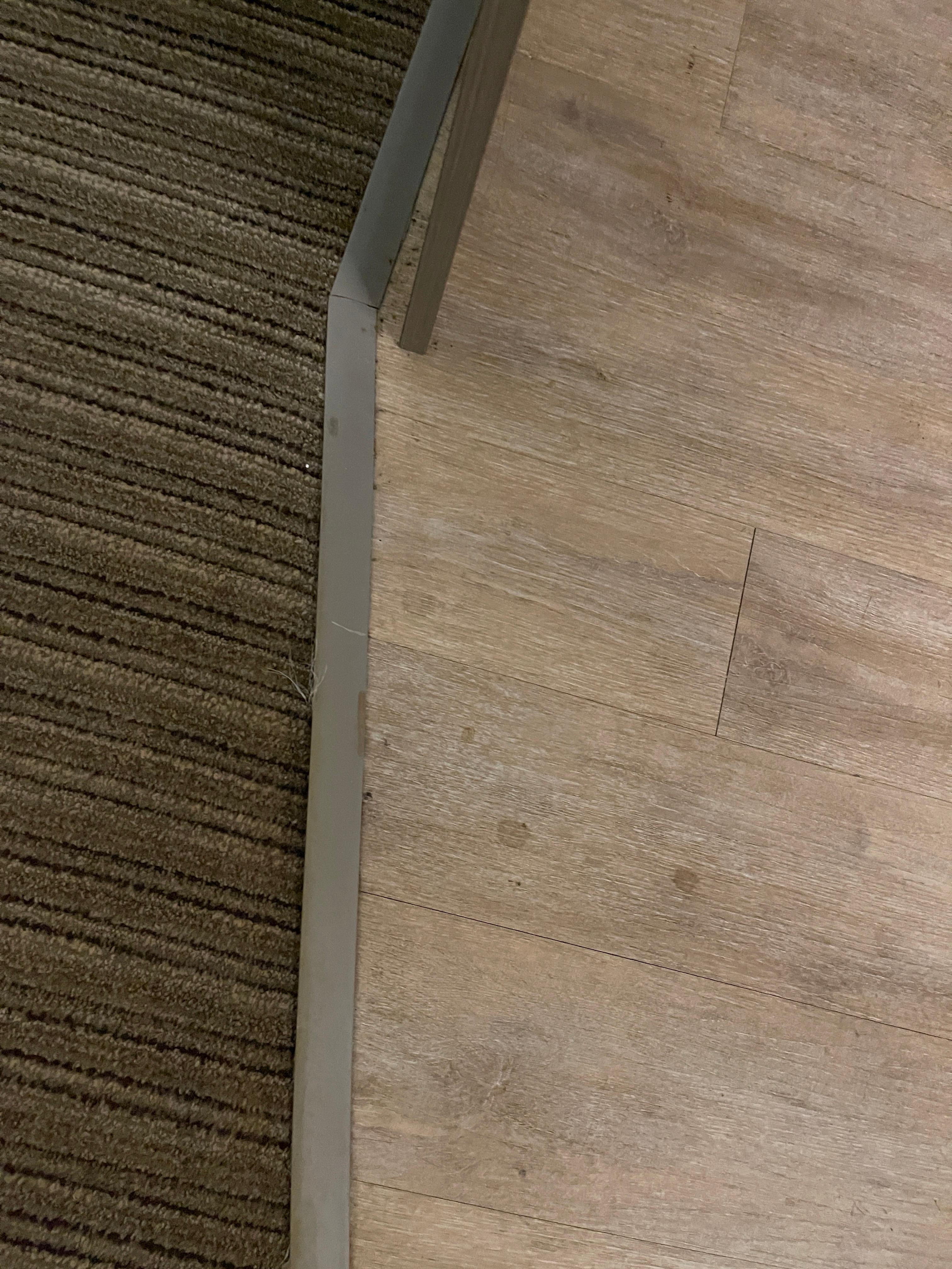 Sticky stains and loose dirt along vinyl piece between carpet and tome