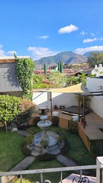 Nice patio, seats around the garden