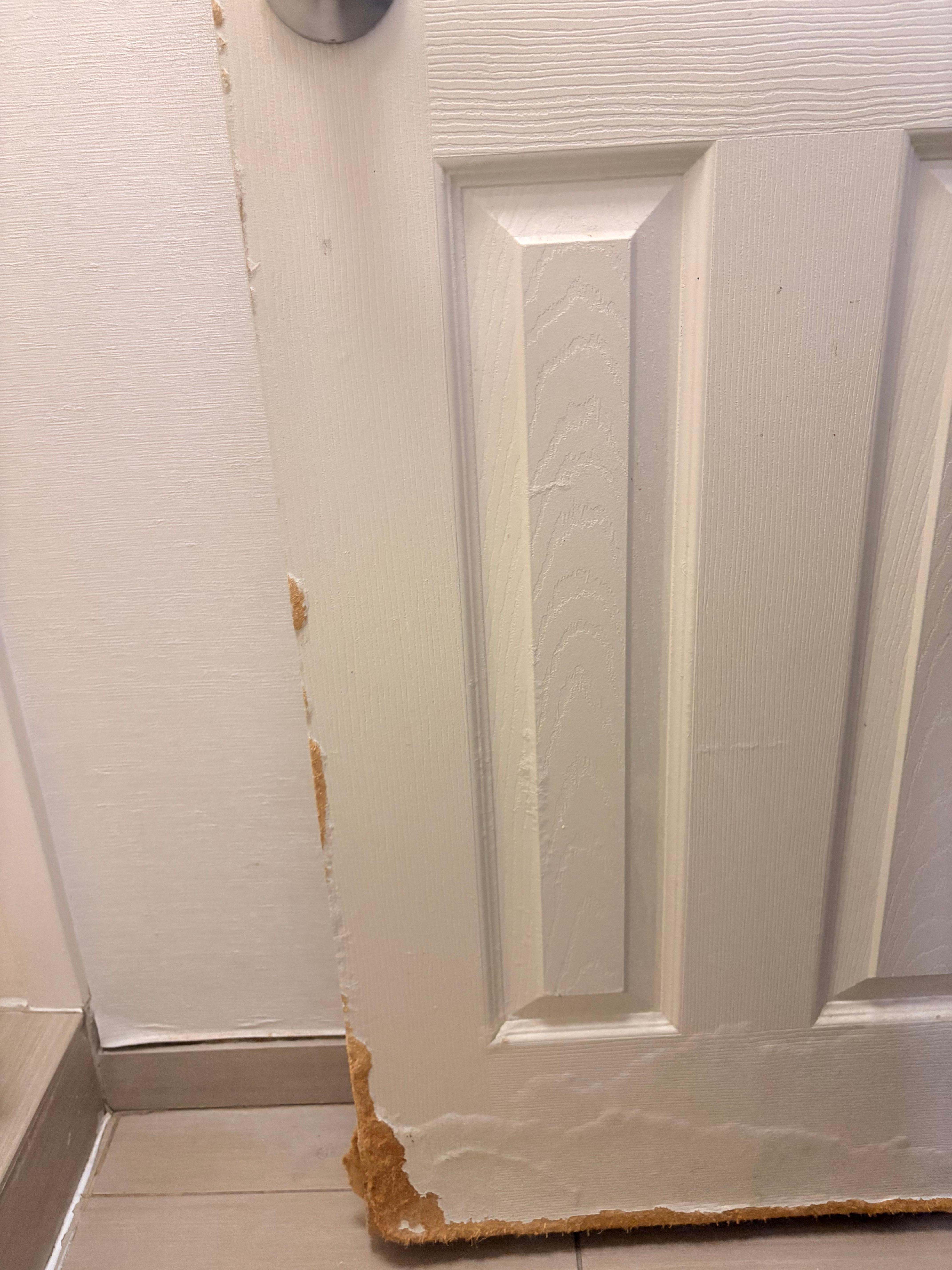 Door to toilet and shower area severely water damaged