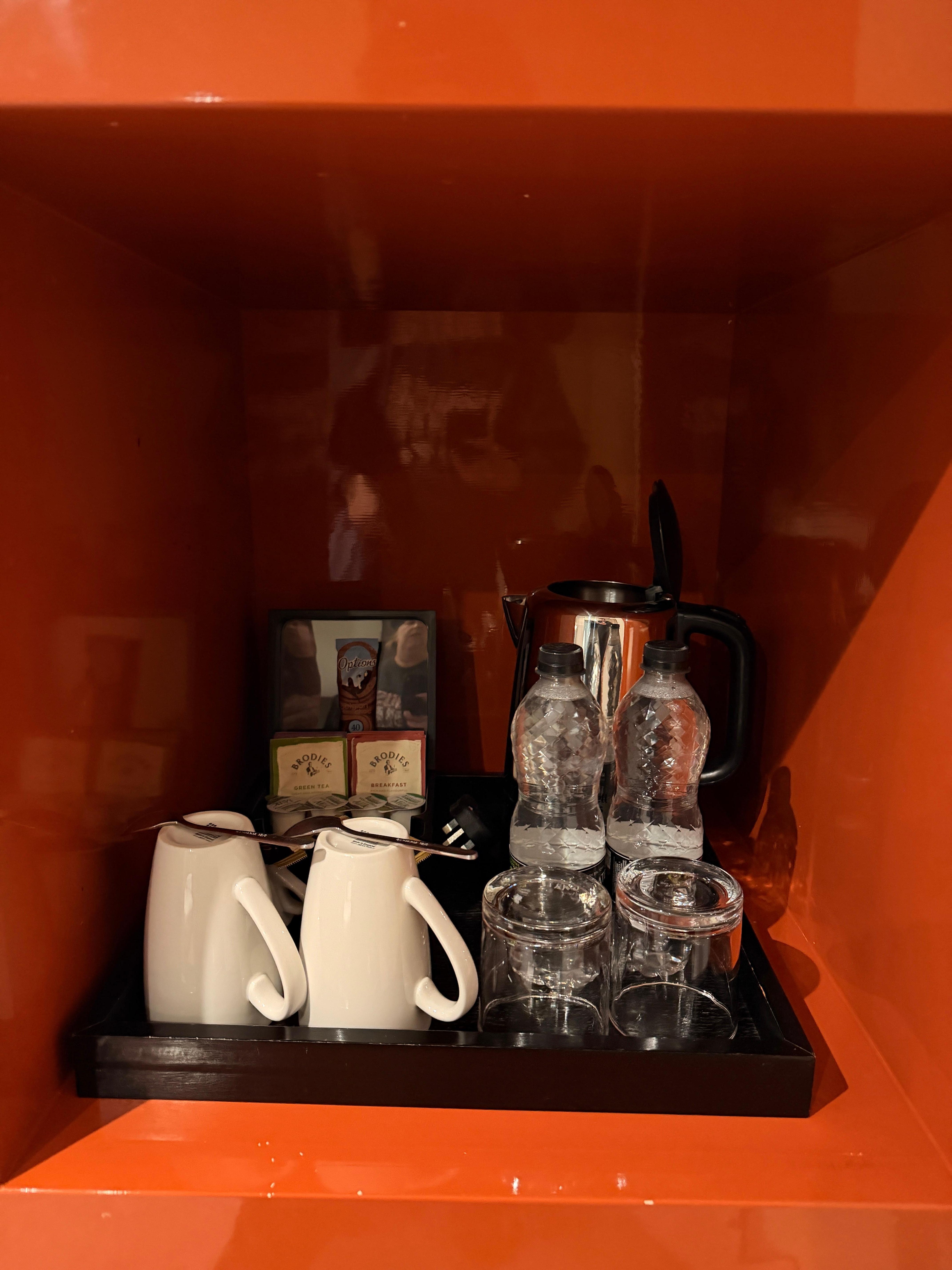 Complimentary water, tea and biscuits. 