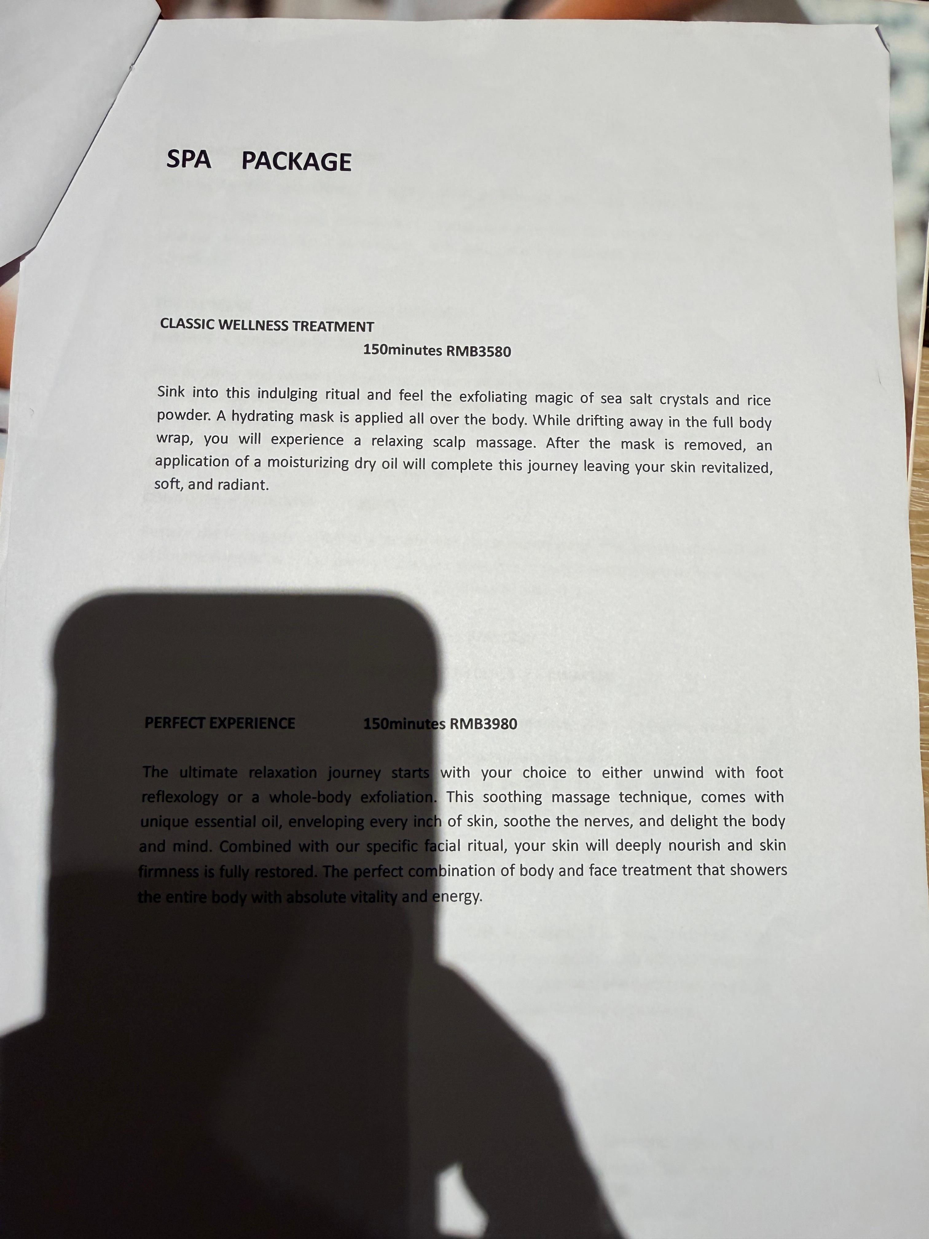 Spa menu