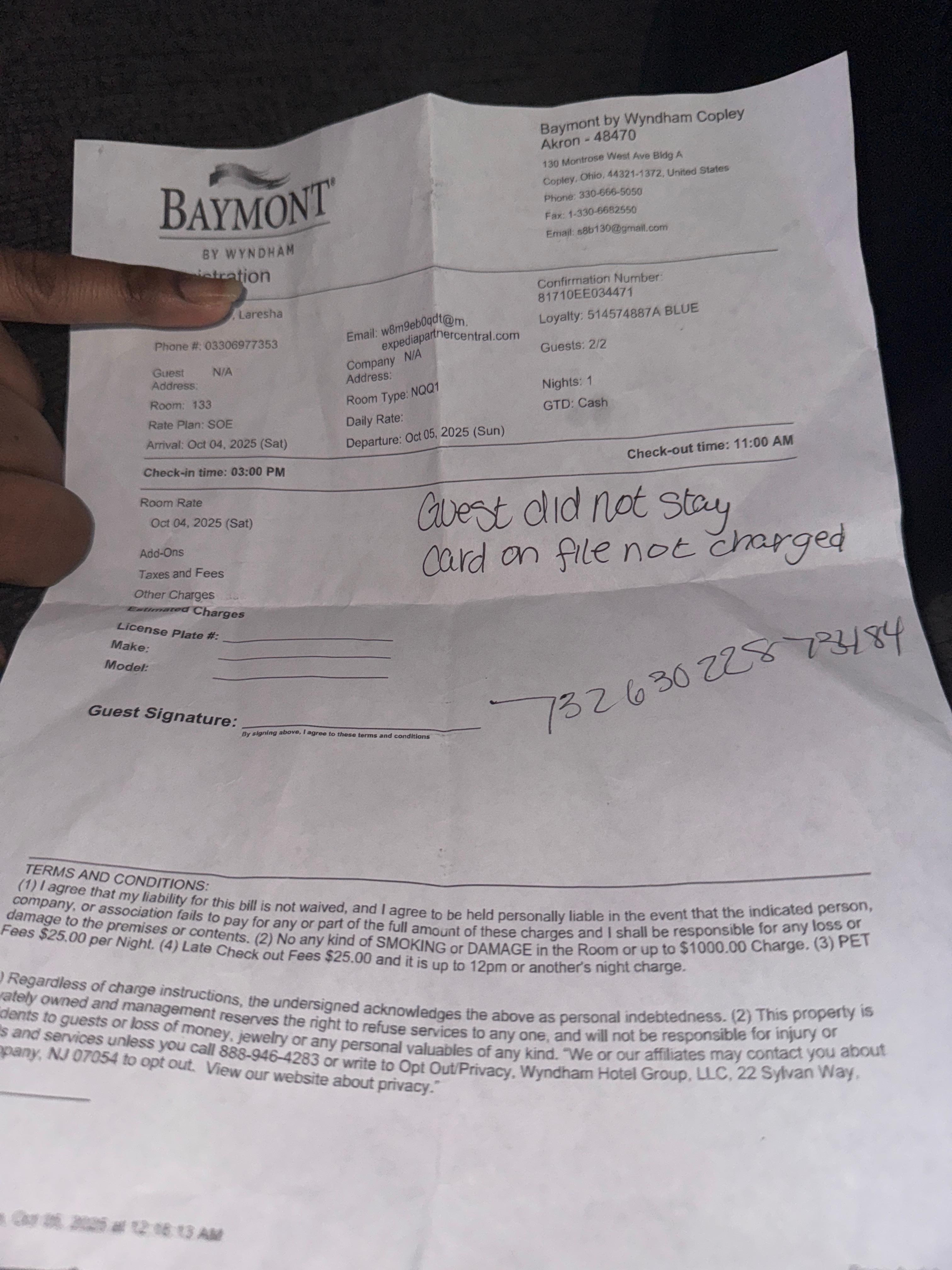 This is the receipt and note from the lady at the front desk 