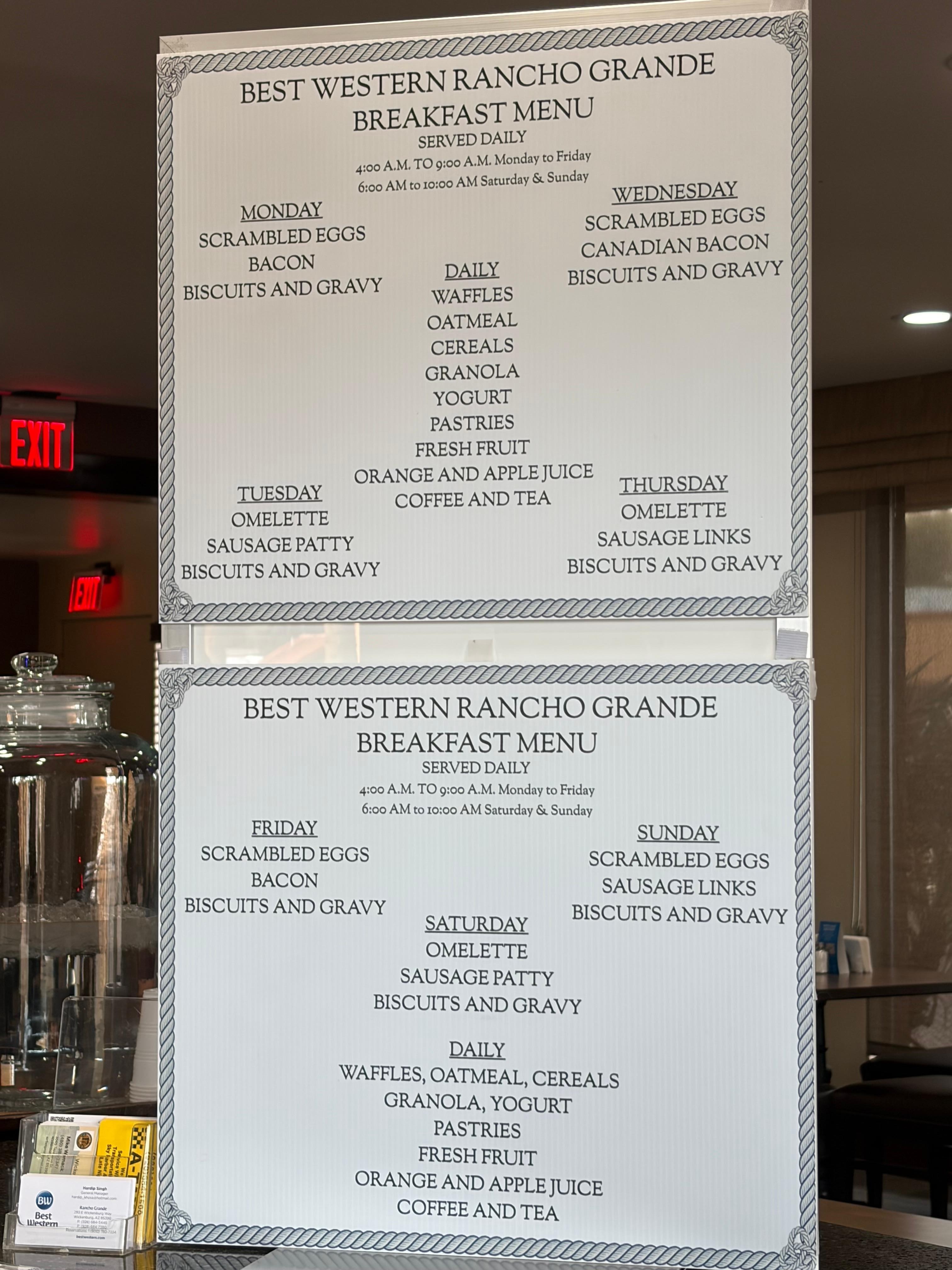 Hot breakfast menu