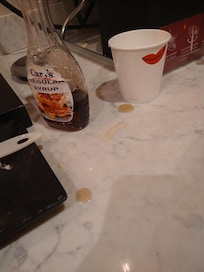 Dec 15 &16. This was just a small example of the counter messes. Toast crumbs, bagel seeds, egg droppings, shredded cheese, cereal all over counters, tables and floors. The 17th & 18th, the gentleman was on the ball, keeping things clean and stocked