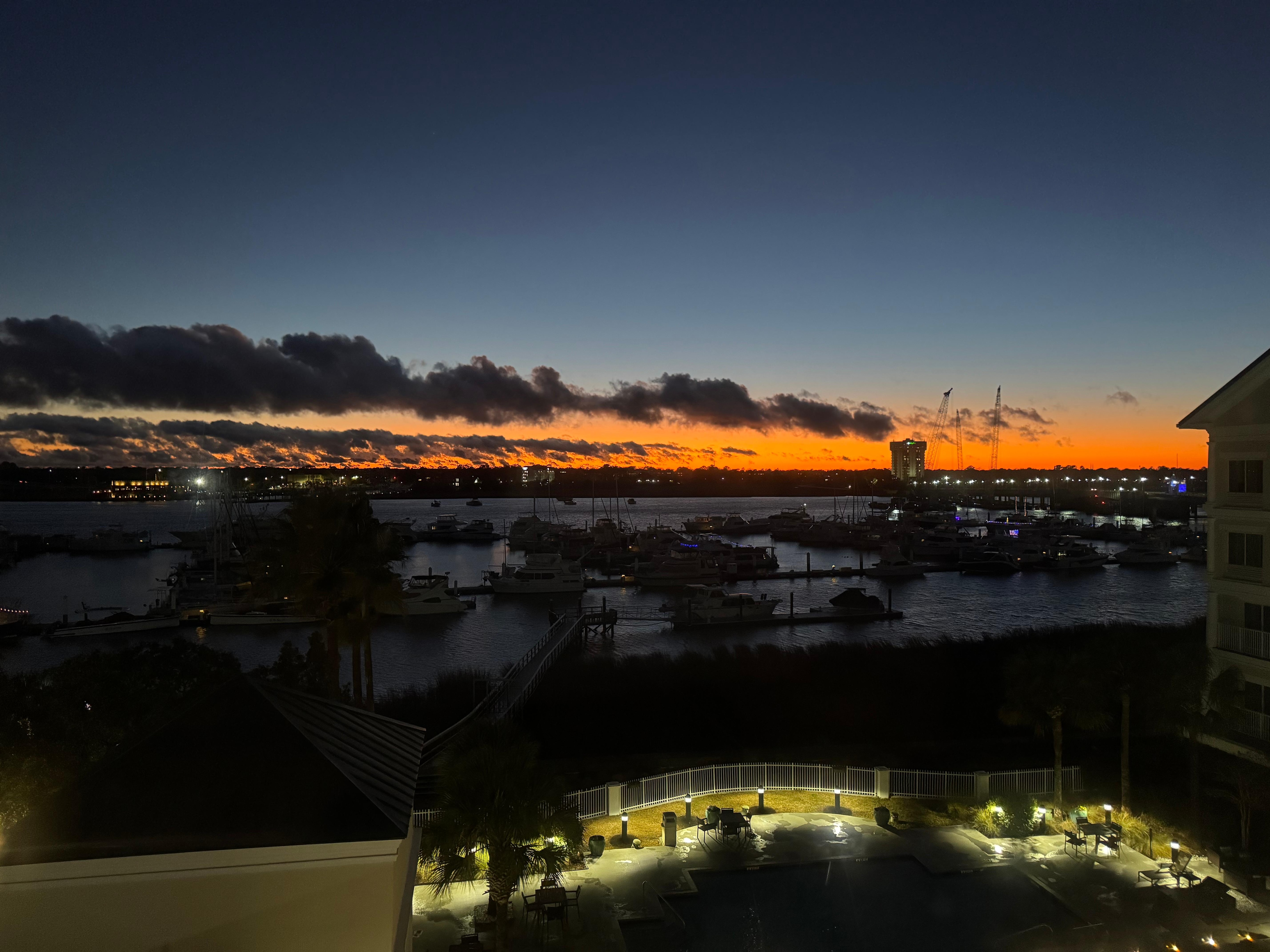 Sunset over the marina from our room.
