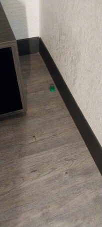 Bottle cap and debris on the floor, there was also a small safety pin that was open on the floor given to the desk clerk.