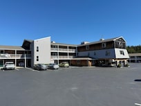 The view of the hotel. Lobby open 24/7 for access to coffee and the microwave.