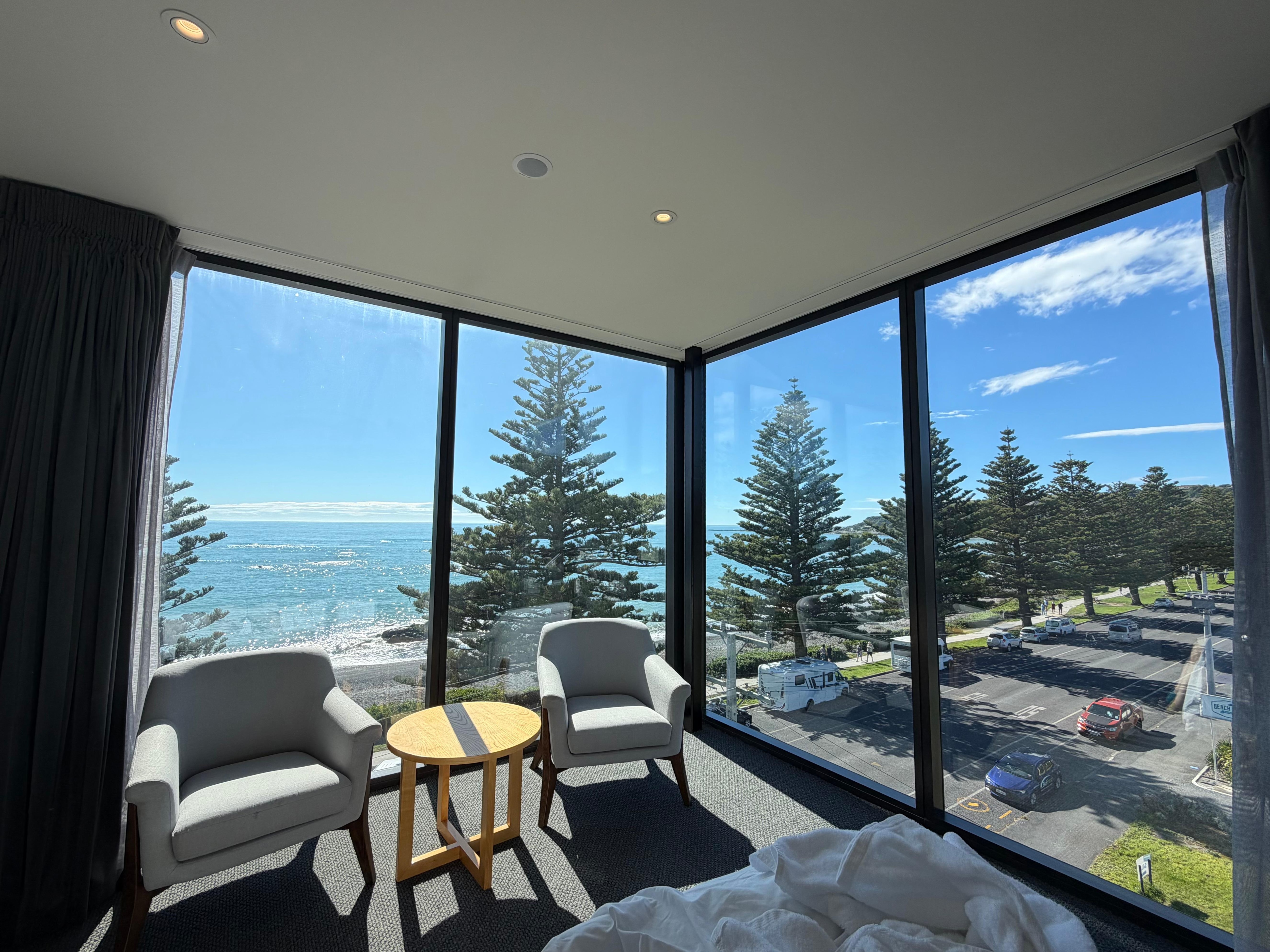 Beautiful room with impressive views marred only by unyielding linen and an aggressive AC unit.