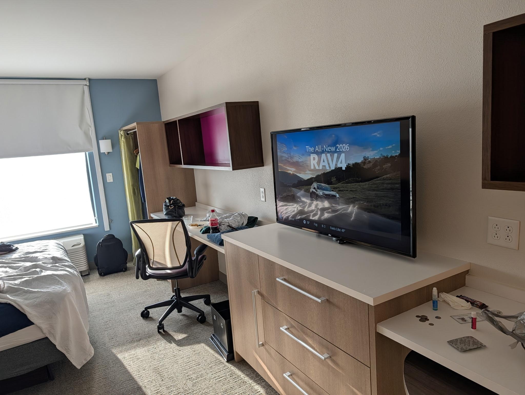 Standard room layout during our stay
Room setup with bed, desk, and TV
Overall view of the room