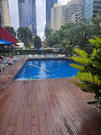 Pool area, late afternoon.