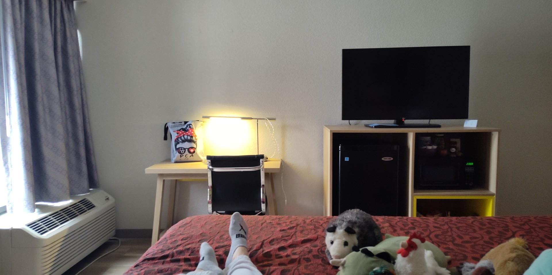 Great refrigerator, clean microwave, good air & heat, clean desk & surroundings 