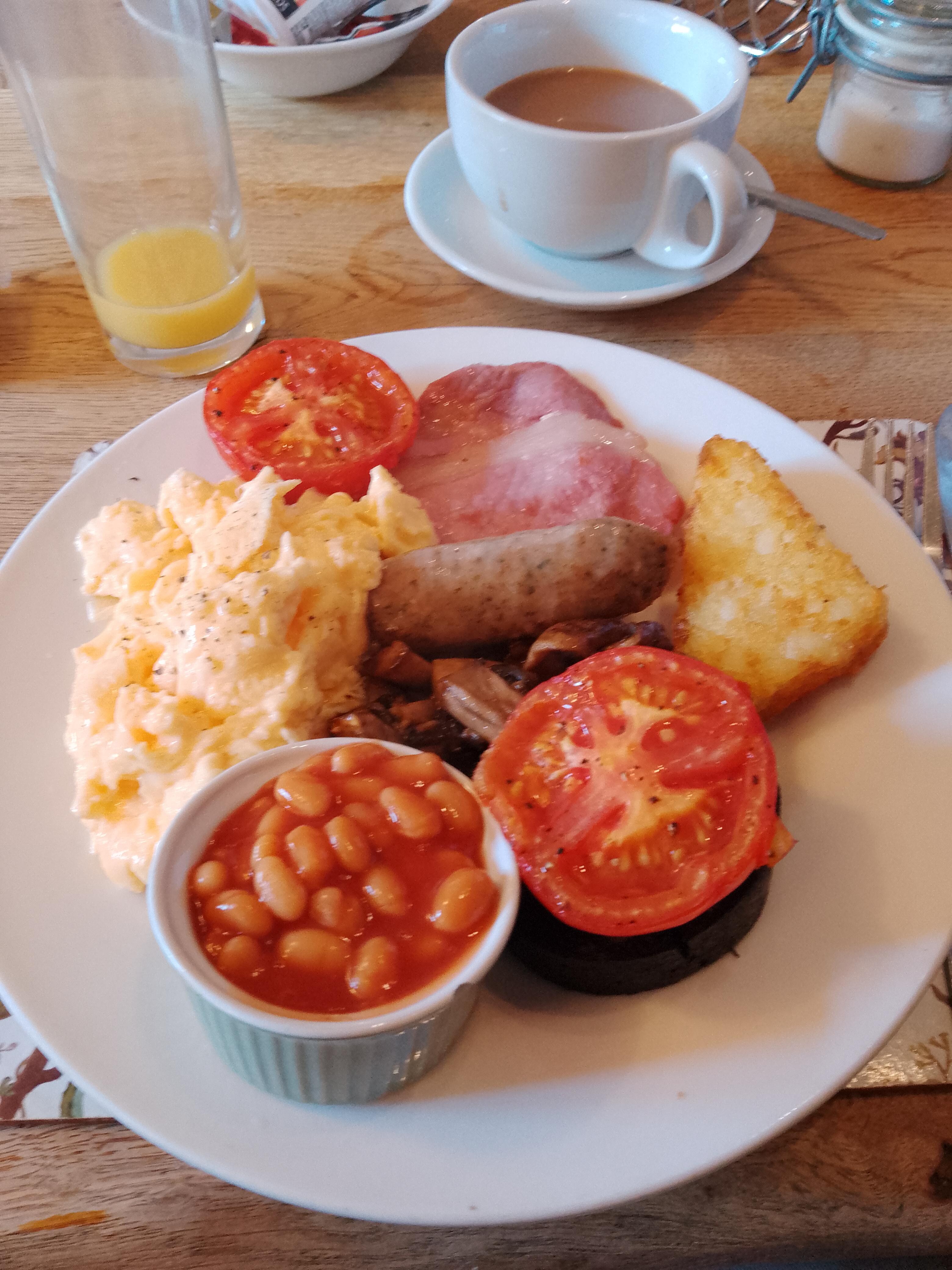Full English Breakfast, plus there was cereal, yoghurt,fruit and juice.