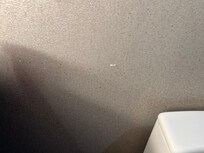 Toothpaste splattered on the bath wall next to the vanity.