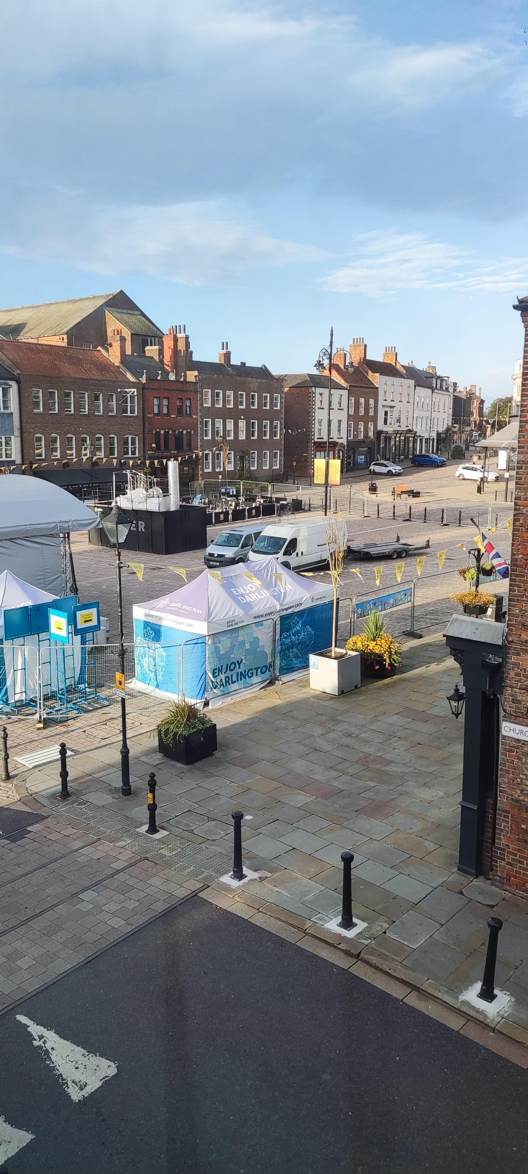 View into Market Square from window - preparations for 200th anniversary of First Railway.