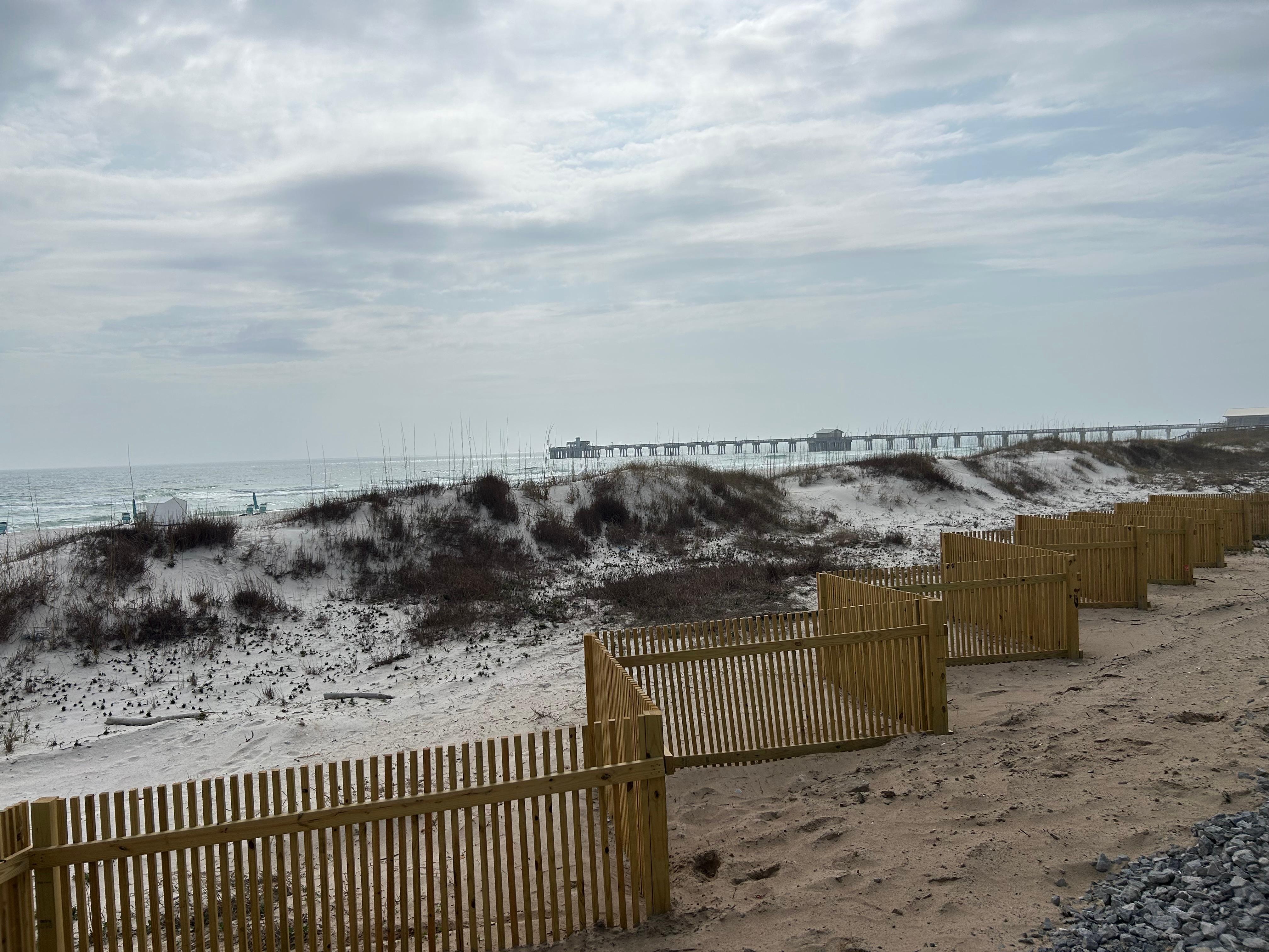 View from the boardwalk past the dunes and onto the beach. 