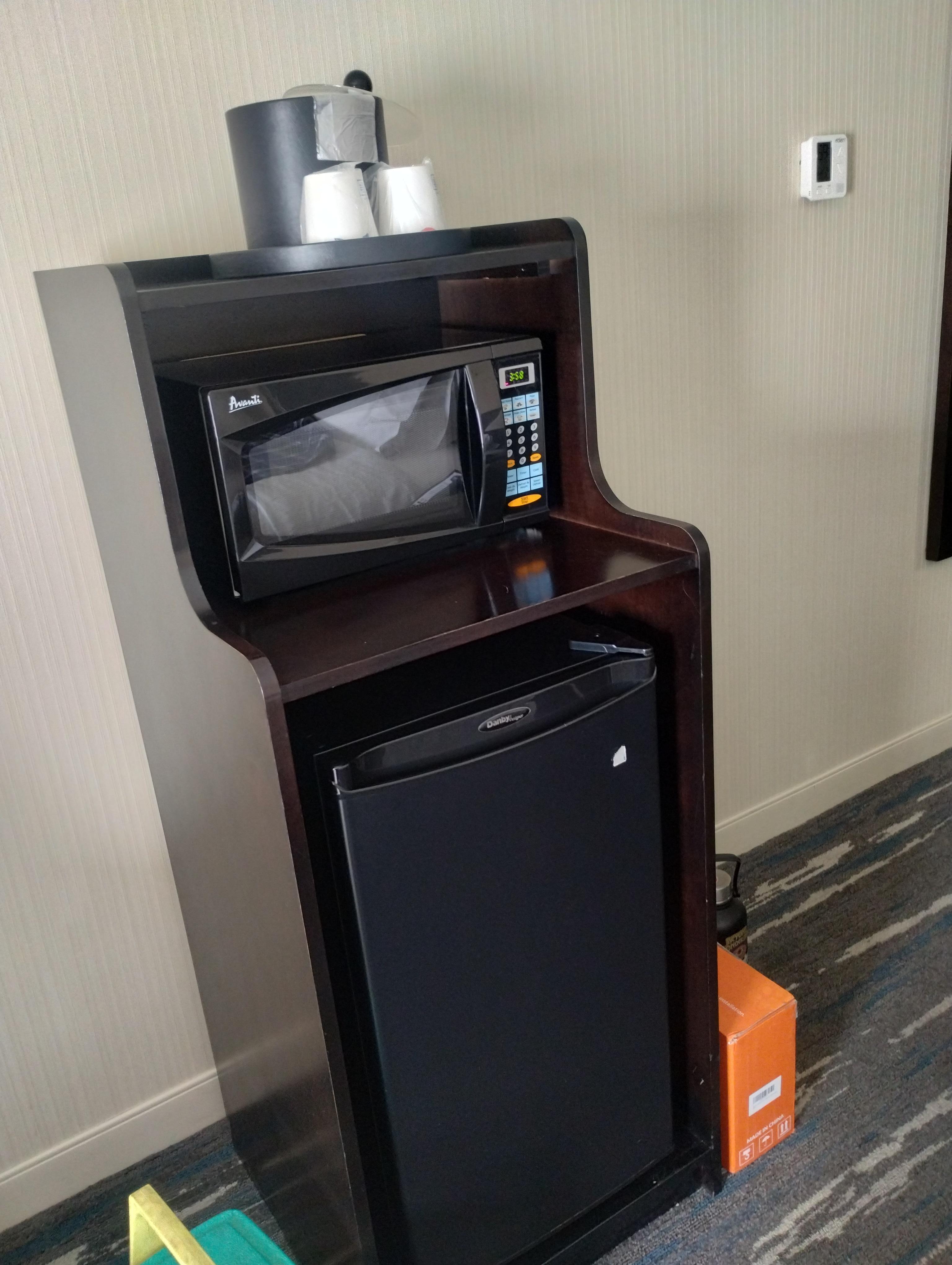 Microwave and fridge. King room