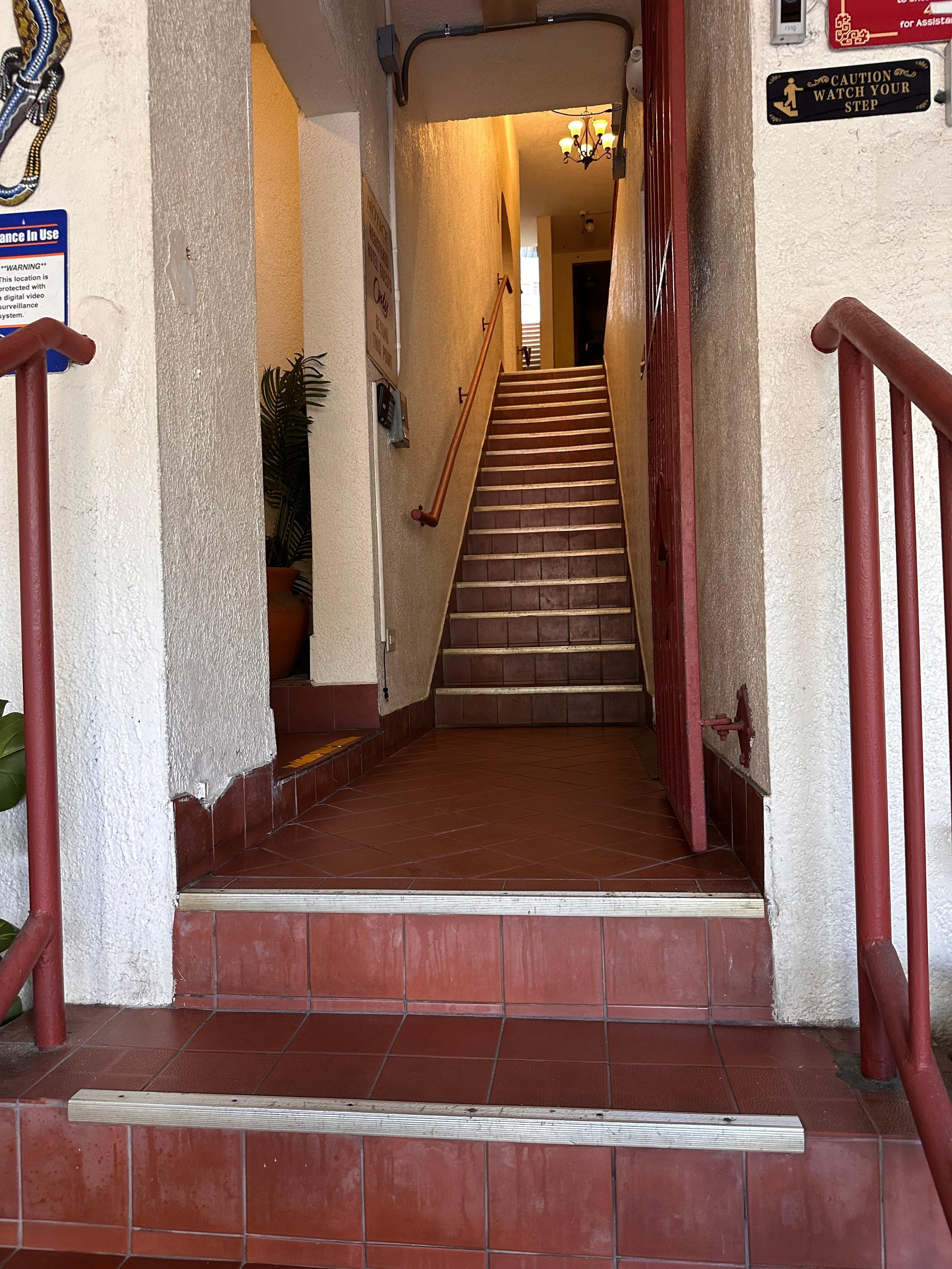 Lots of stairs. No elevator.  Various levels and much larger than what it appears on the  outside. 