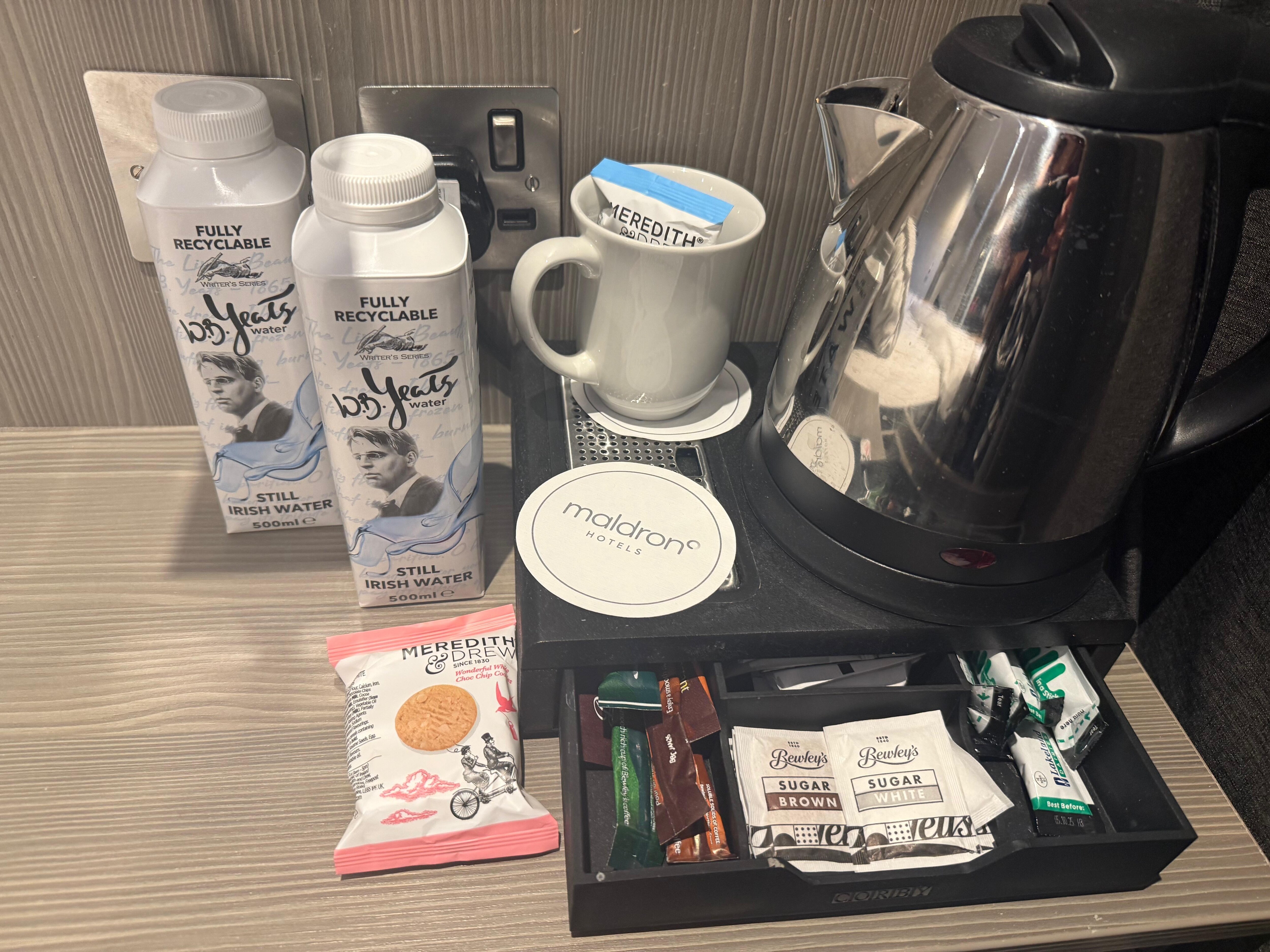 Instant coffee, water, and tea.