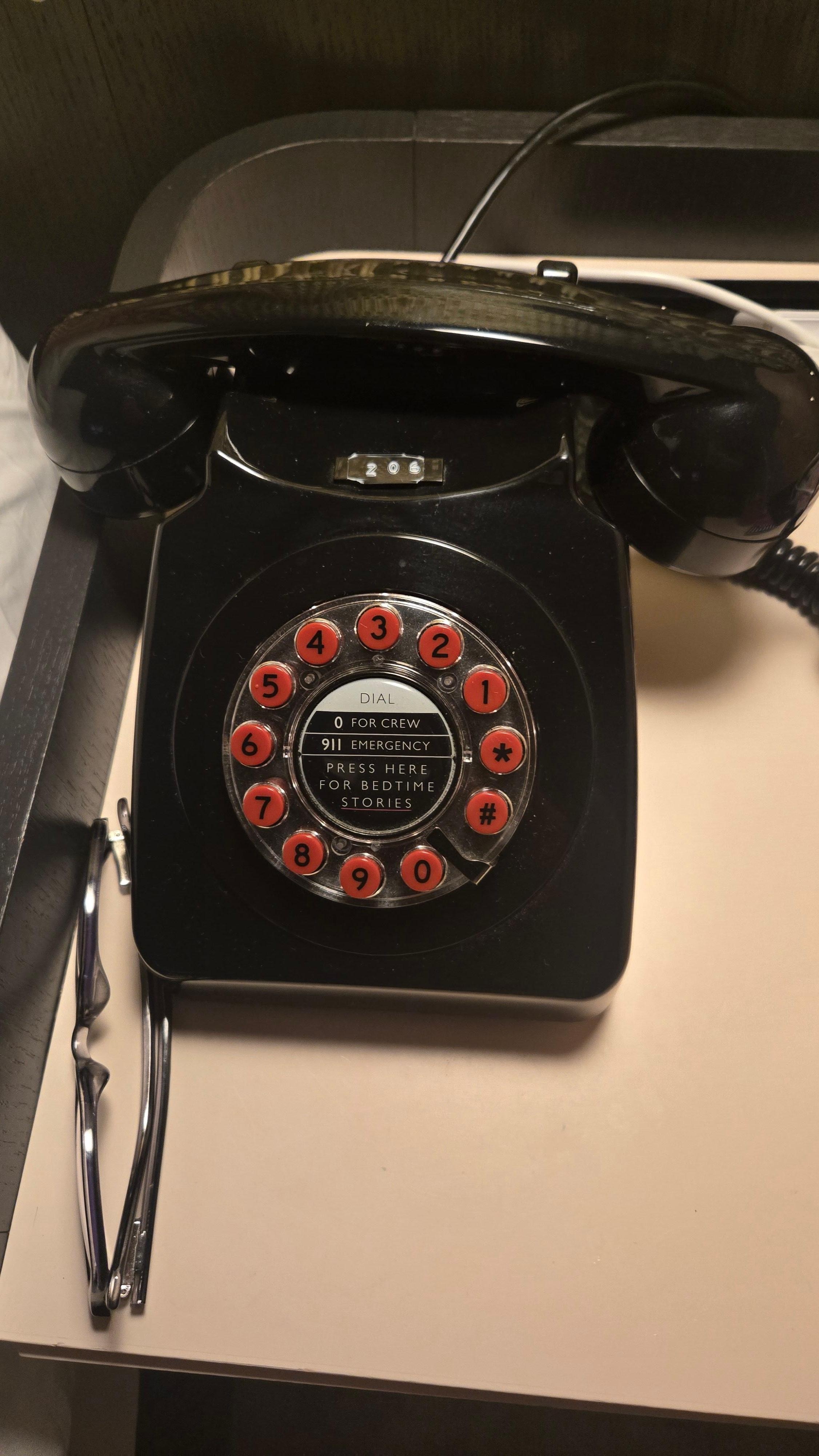 My favorite part of the room. So cool seeing a rotary phone in this age of technology. 