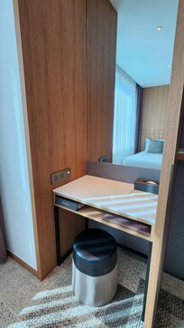 鏡面台には、日本のタイプも使えるコンセントがあります。