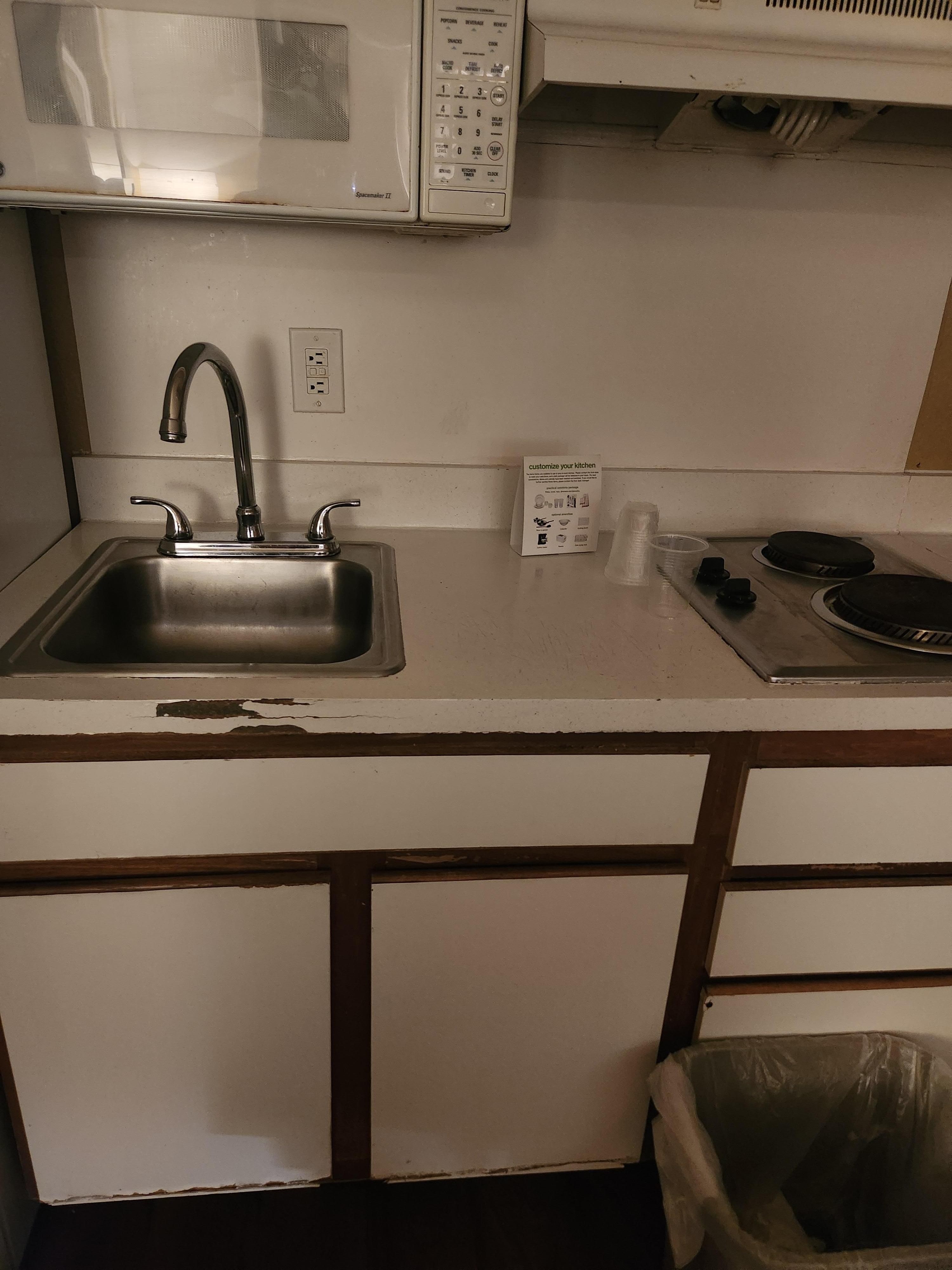 The kitchen area is worn down, no pots, pans, dish towels etc.