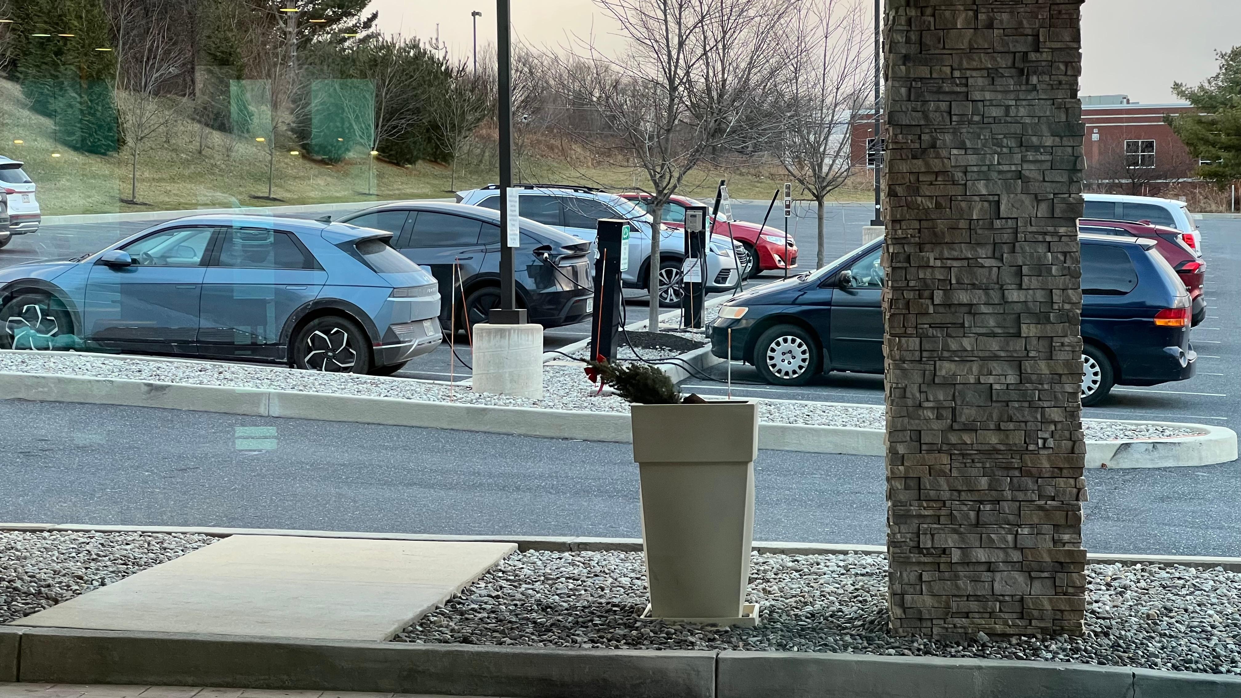 Free EV charging at front of hotel. But only 2 charger. 
