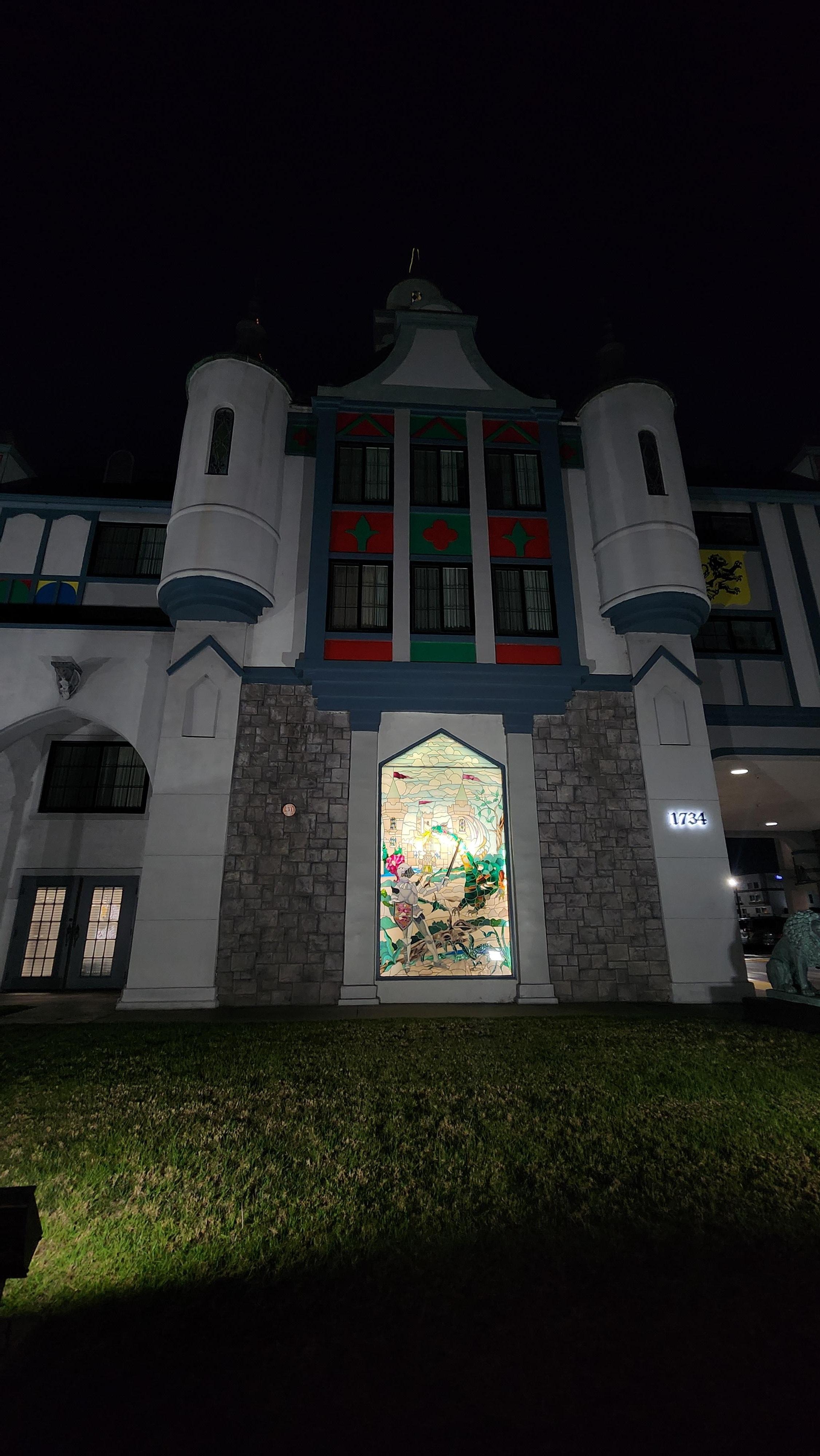 Beautiful stained glass window in lobby, from outside view. 