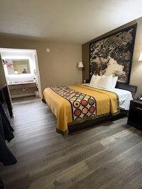 TV nice size, bed okay for comfort and clean but heater runs full on even turned down.