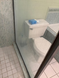 soap scum covering both glass shower walls