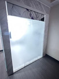 Frosted shower wall in bedroom area - also has a decorative shade .