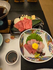 Sumptuous dinner of beef and seafood