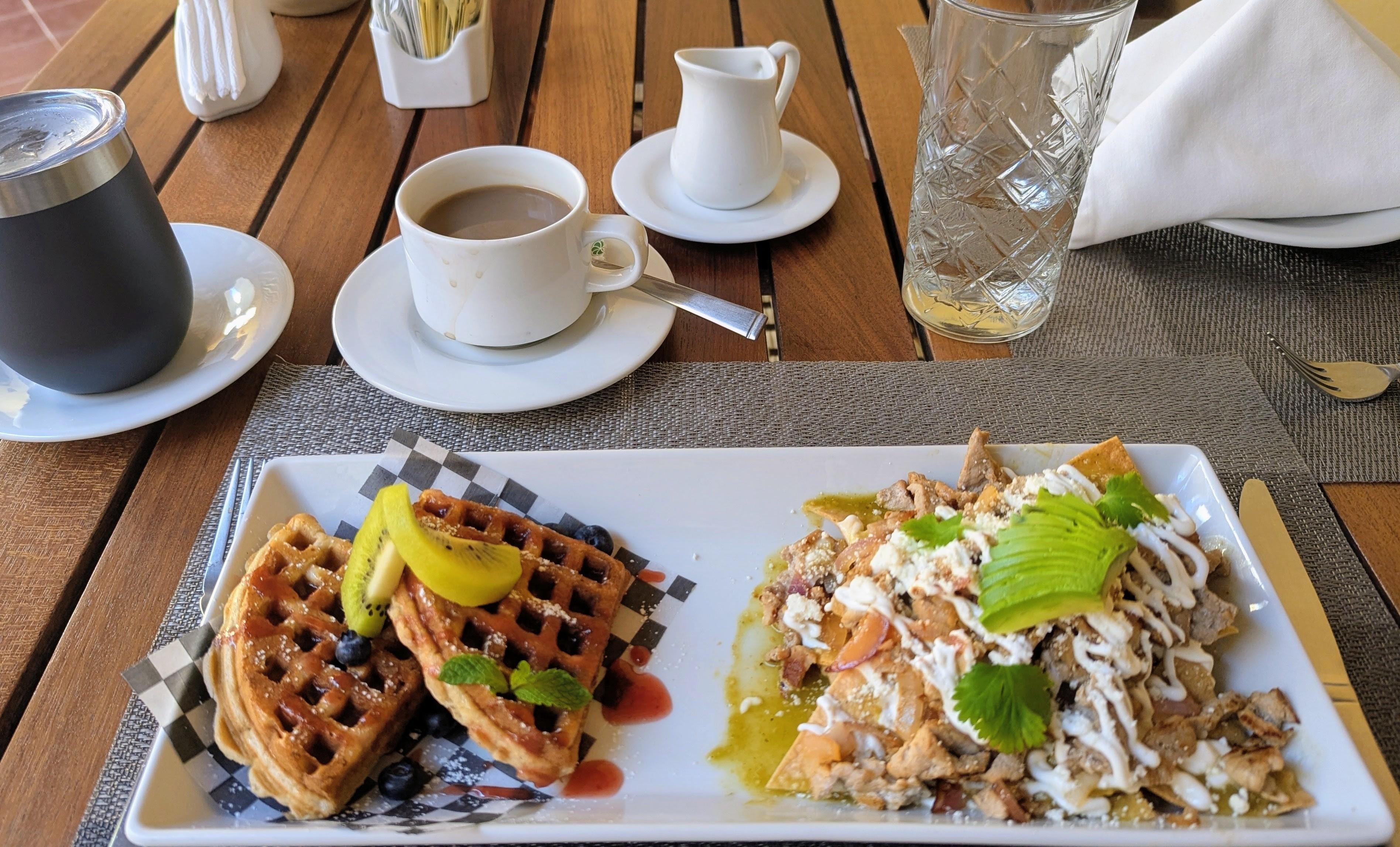 Breakfast with 1/2 waffles & 1/2 Chilaquiles - delicious! 