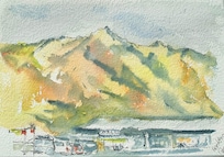 My little watercolour from the carpark outside the Sufism hotel.