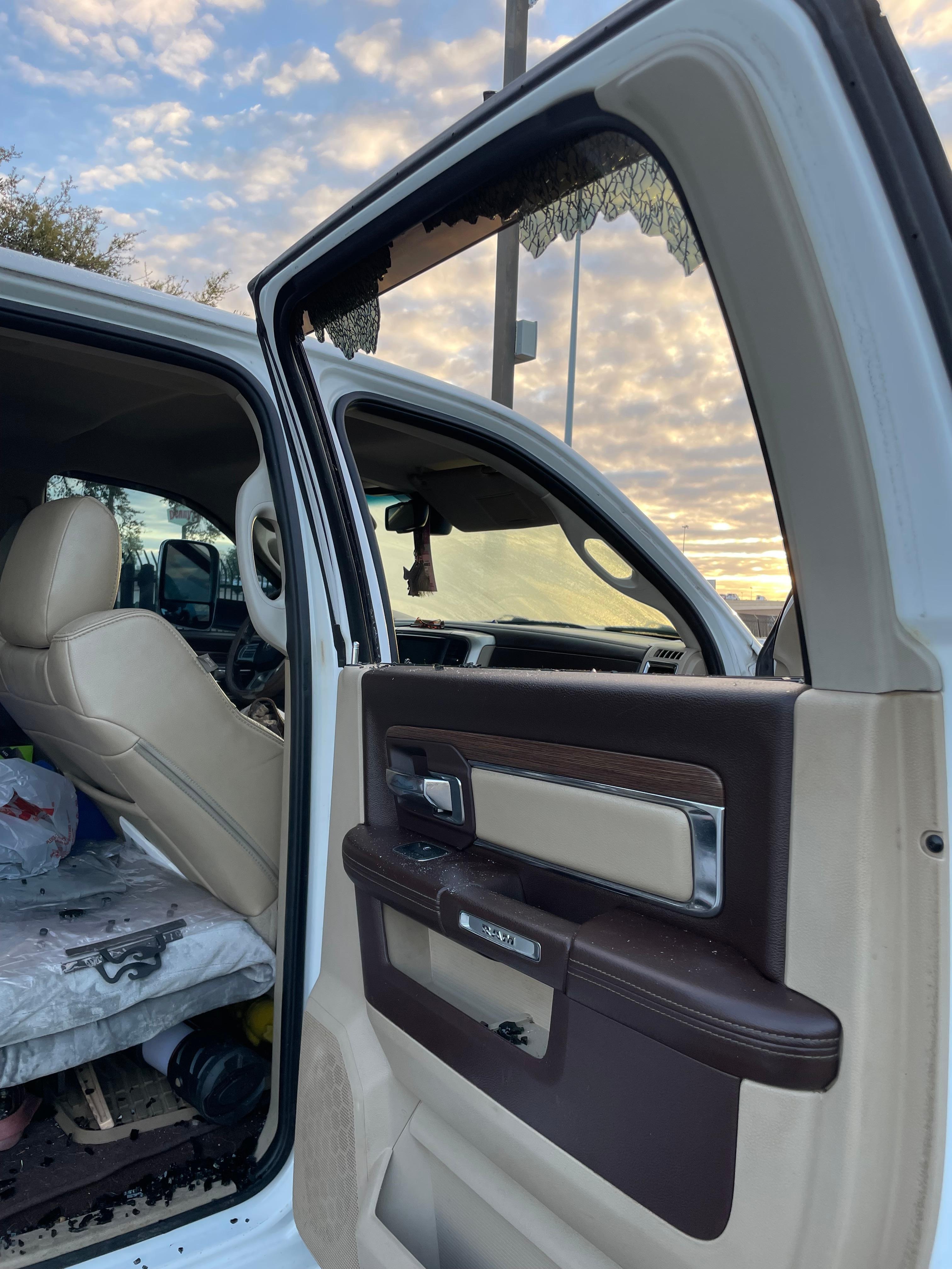 Smashed window after break in inside gated parking lot