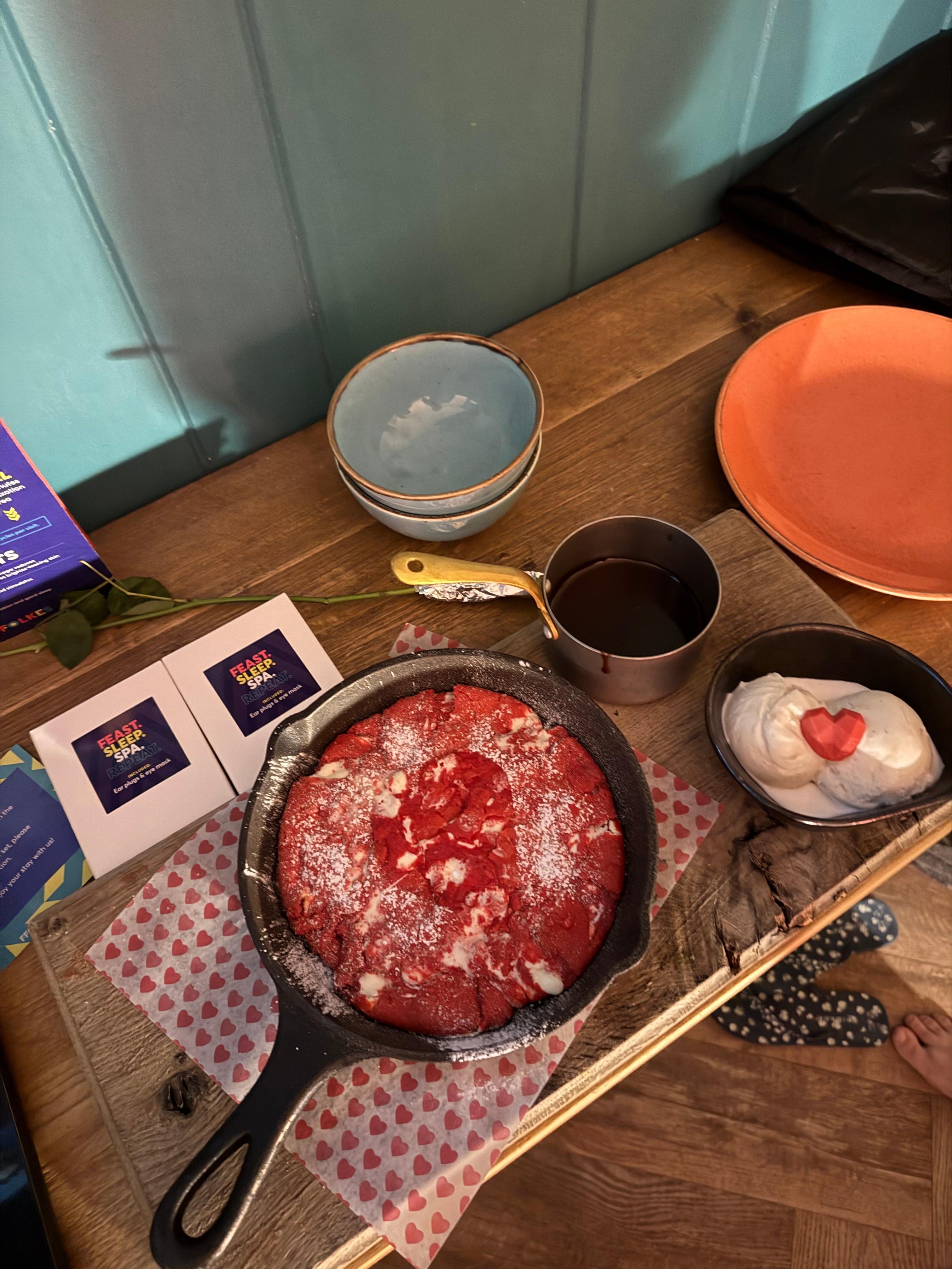 Red velvet cookie dough with ice cream and chocolate 