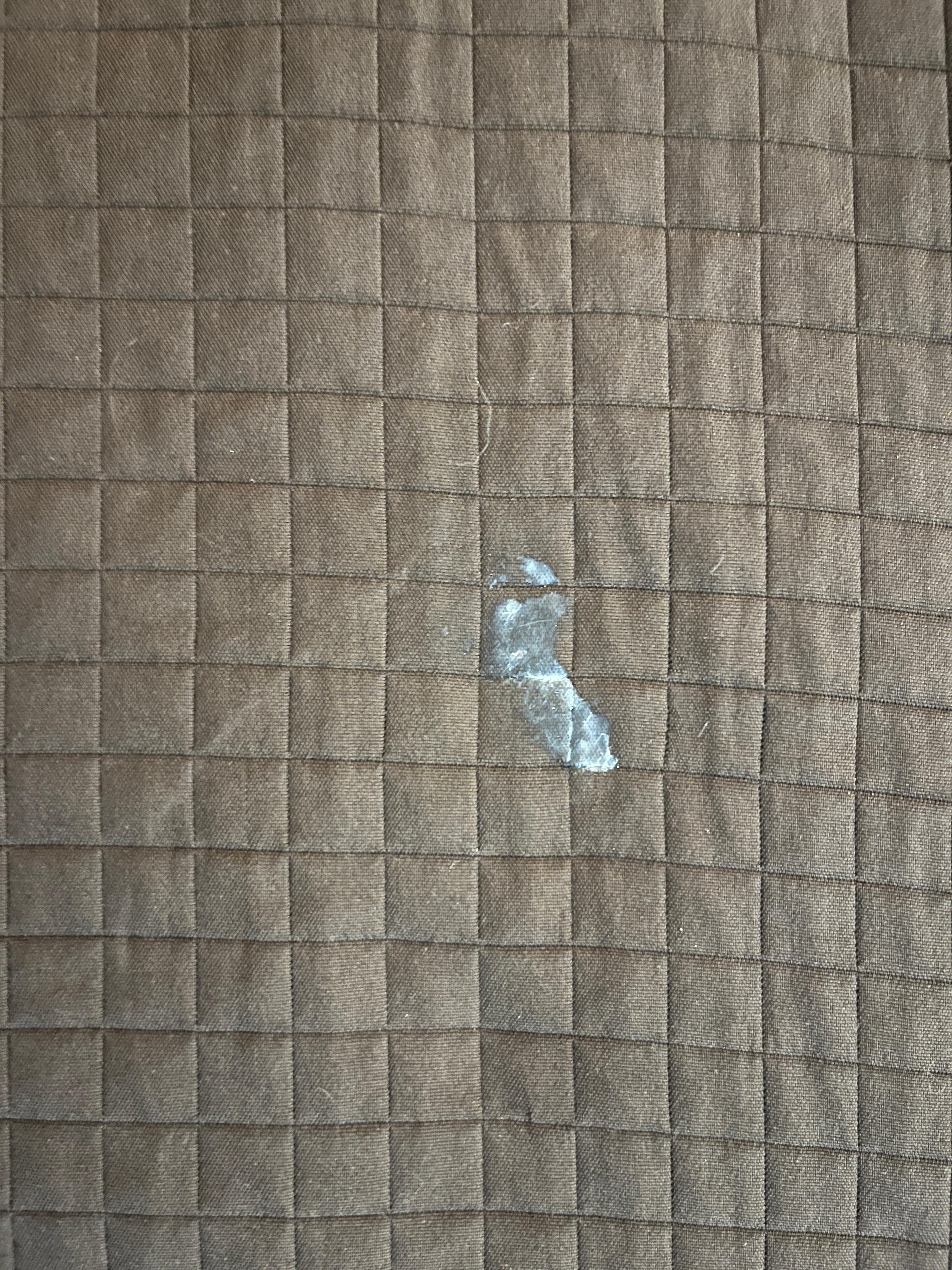 White, hard spill on bedspread that was removable with a damp cloth.
