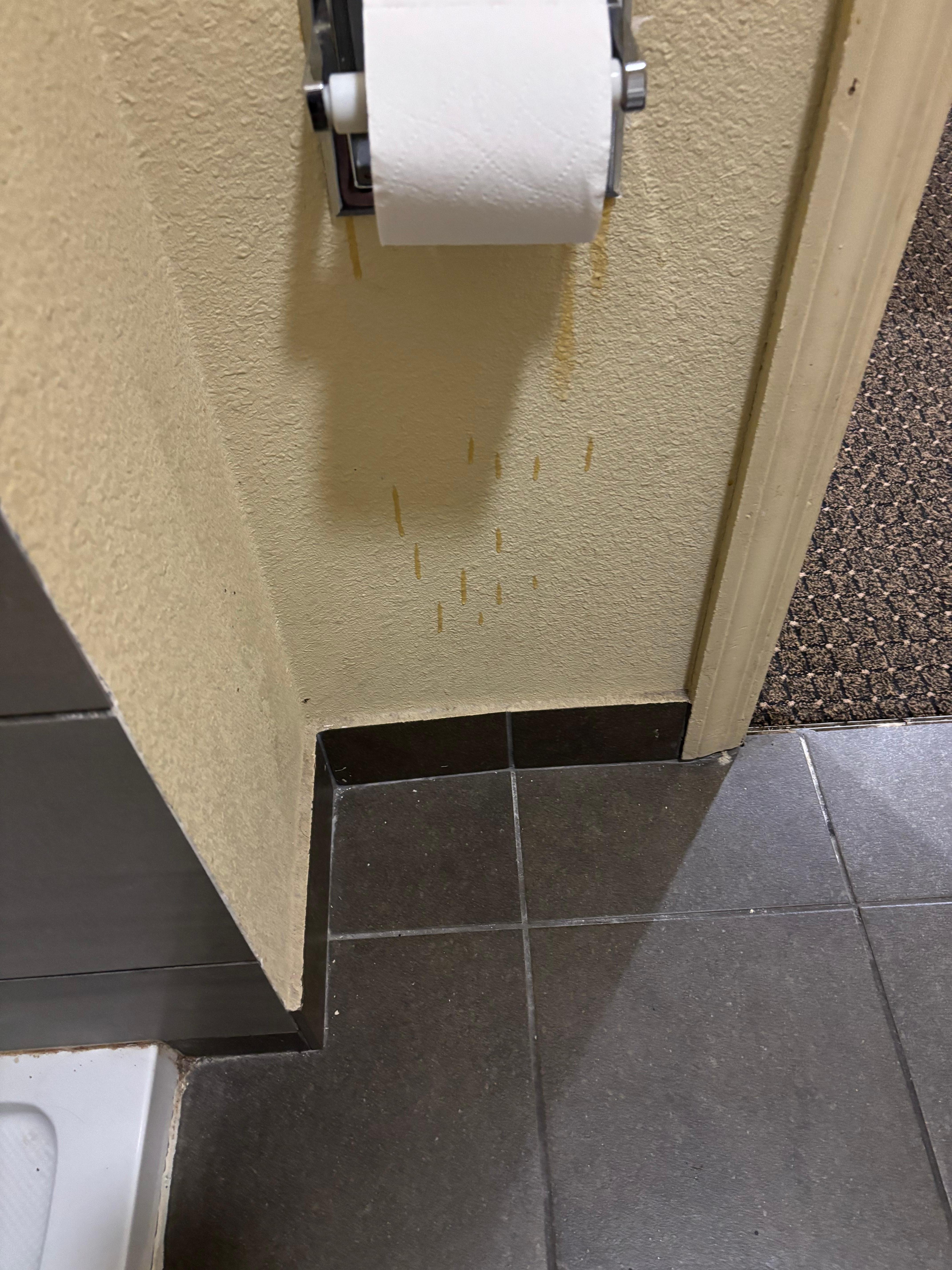 As you sit on the toilet, it looks like either somebody would chew a tobacco throw up or something all over underneath the toilet paper