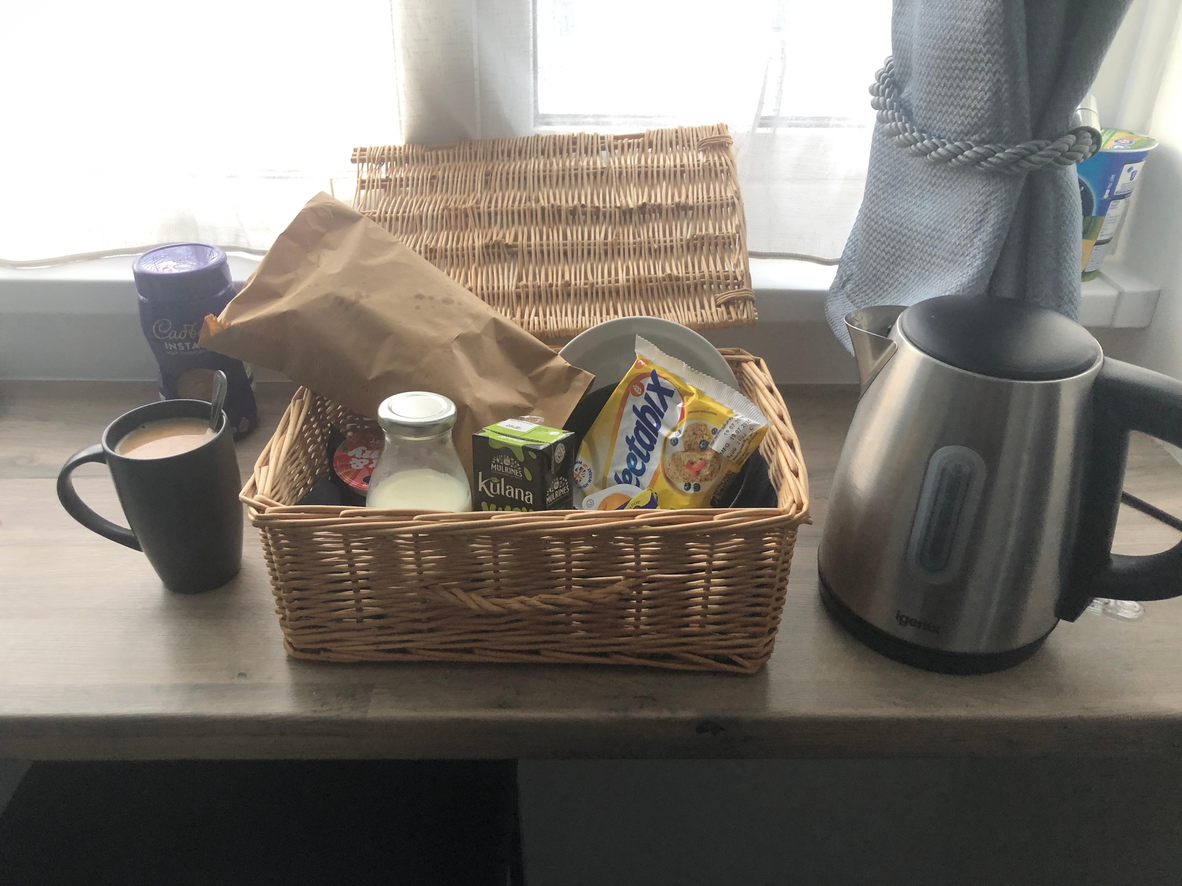 Breakfast is delivered to your room in a basket. There’s also a variety of tea, milk, sugar and coffee available. (I bought the hot chocolate myself though.)