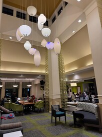 Lobby with hanging art.