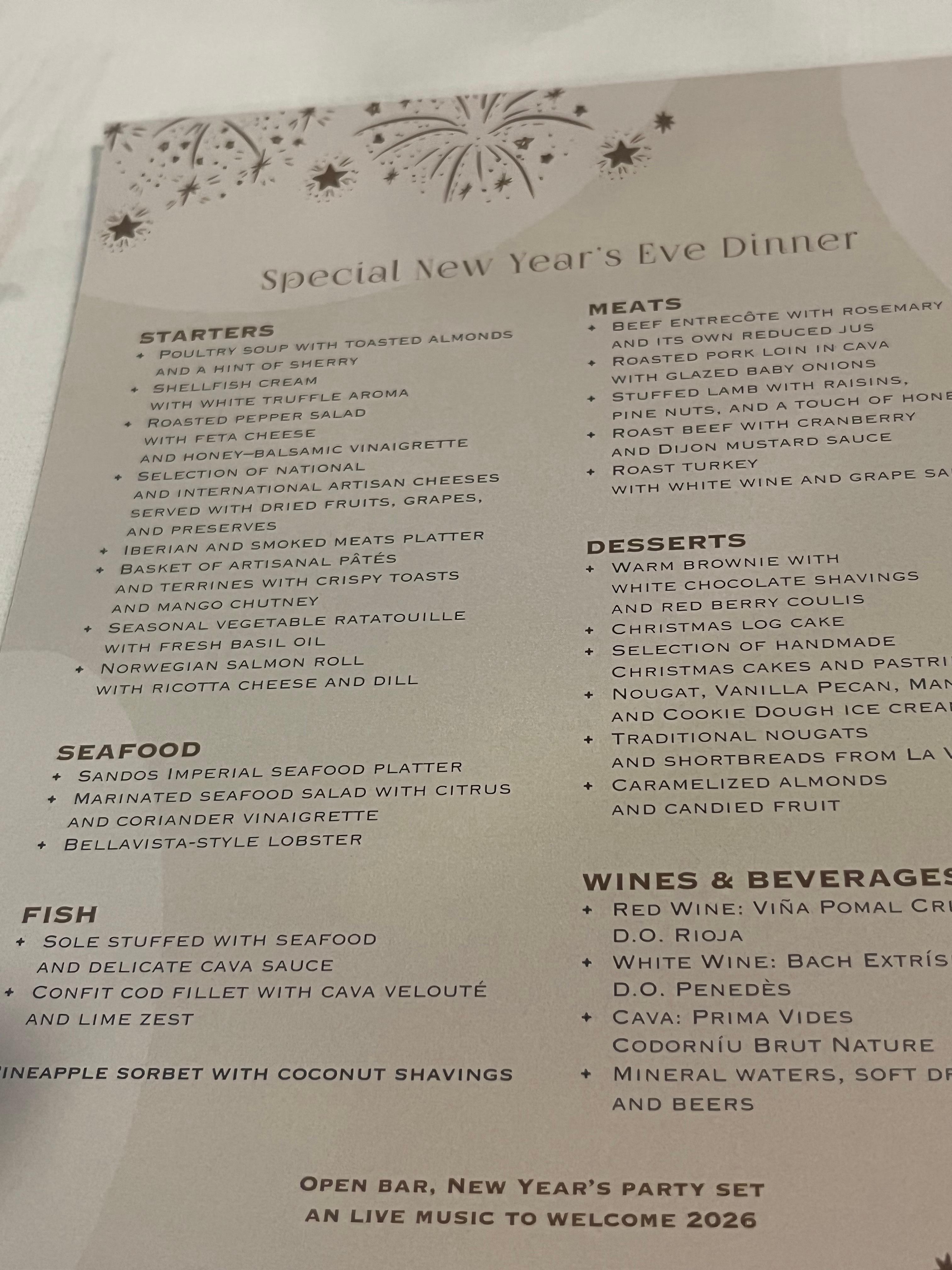 New years Eve gala menu
