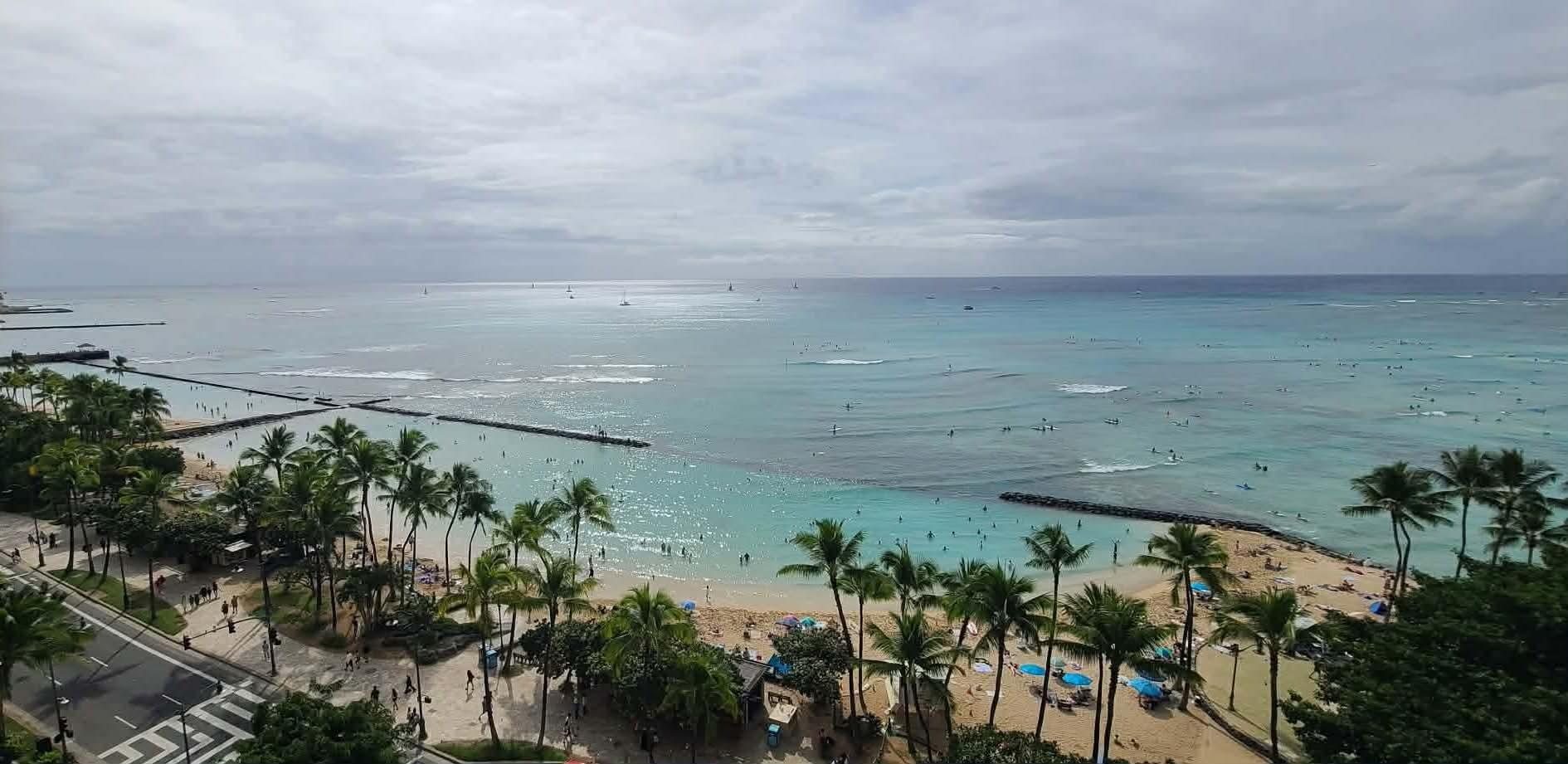 View from our room of Waikīkī beach. 