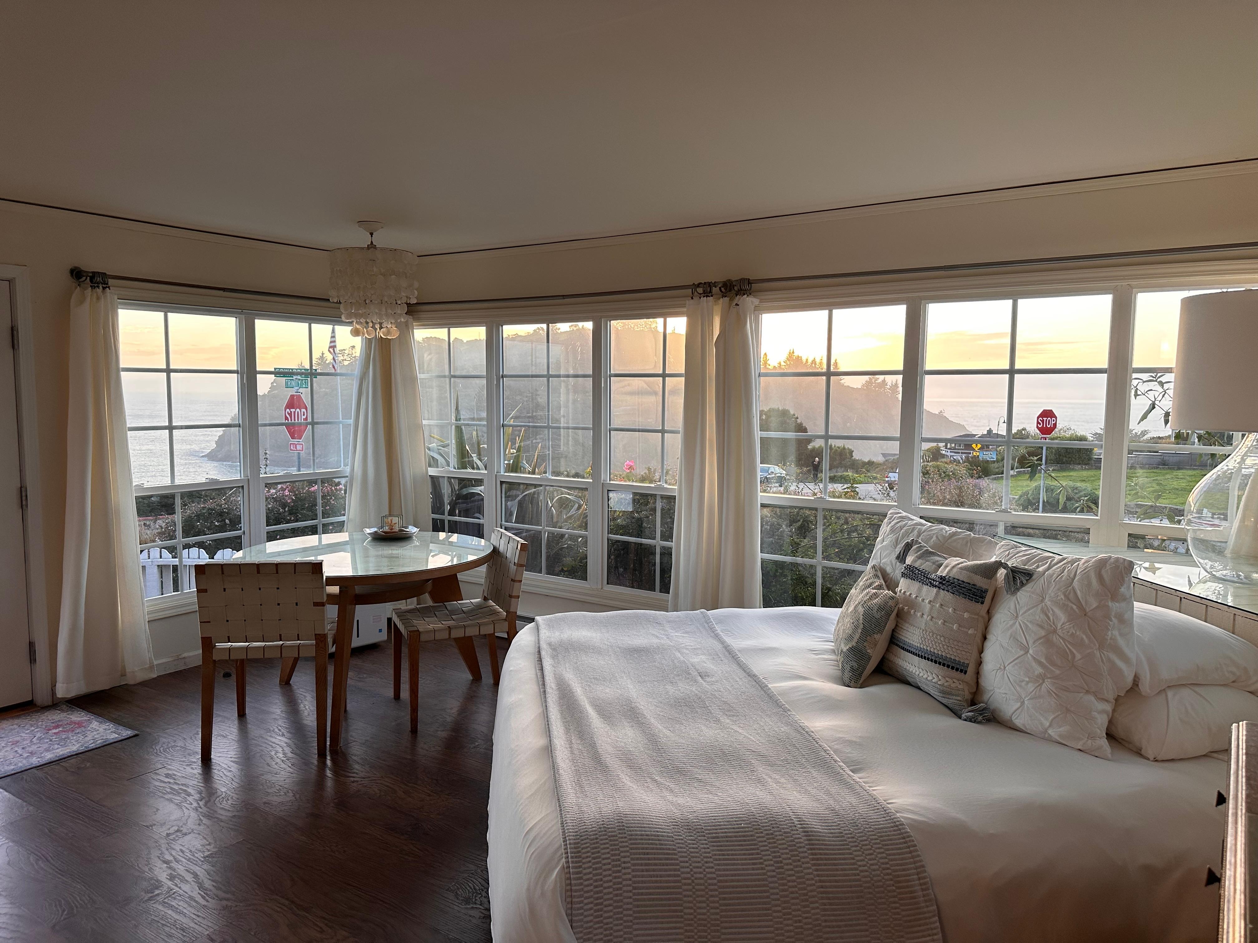 That view….you’ll want to linger in bed with the crossword, then walk to the harbor and pick up some smoked albacore at Katy’s